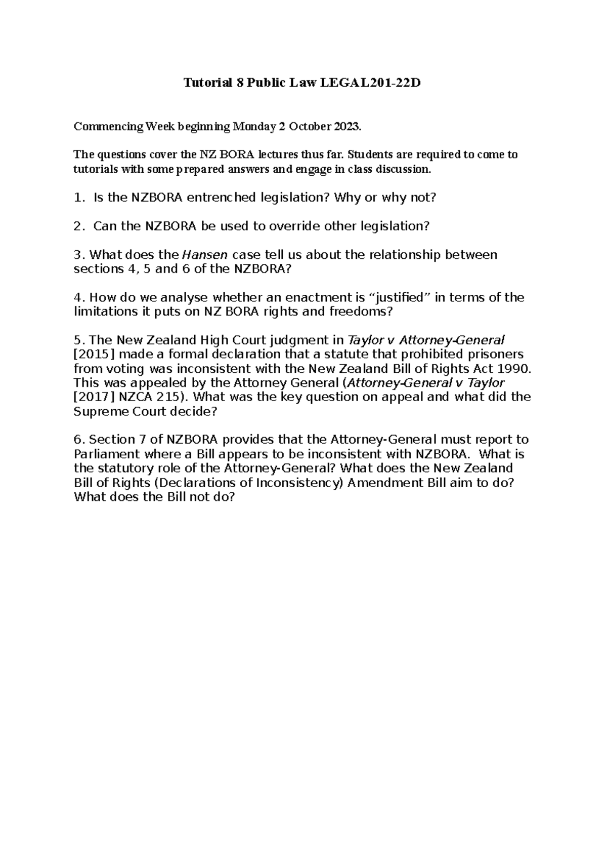 Public Law Tutorial 8 - 2023 - Tutorial 8 Public Law LEGAL201-22D ...