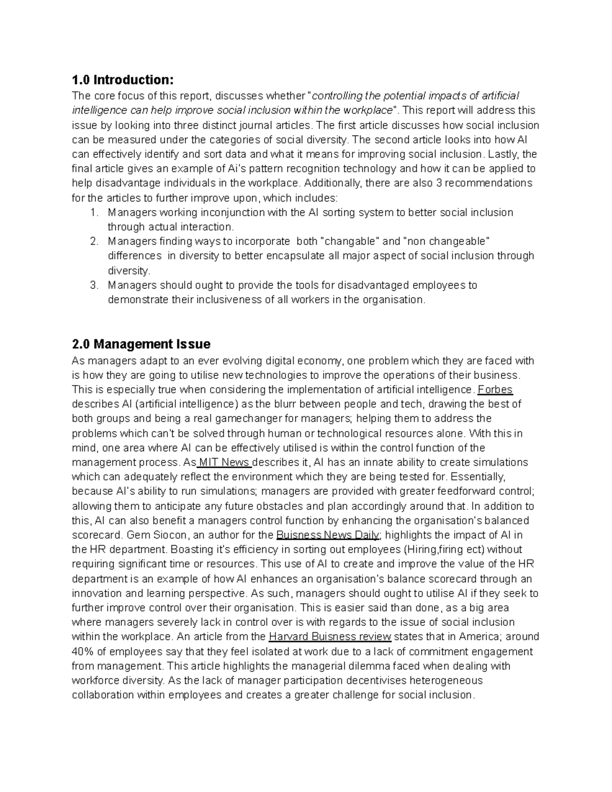 Managment report - 1 Introduction: The core focus of this report ...
