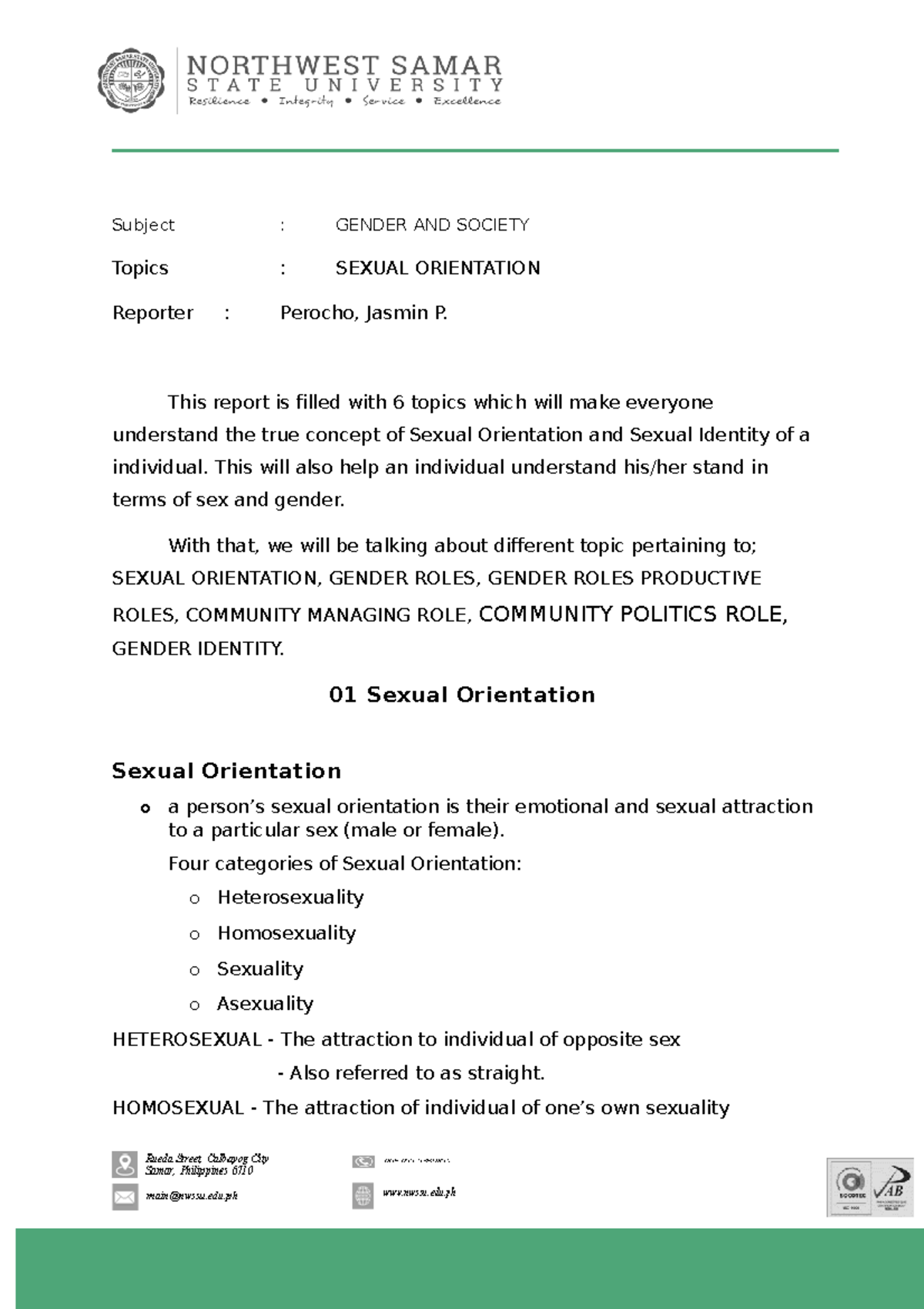 Jasmin Perocho ( Narrative Report) - Subject : GENDER AND SOCIETY Topics : SEXUAL ORIENTATION ...