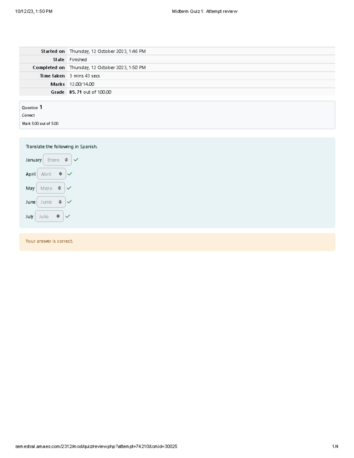Midterm Quiz 1 Attempt review SPANISH - Started on Thursday, 12 October ...