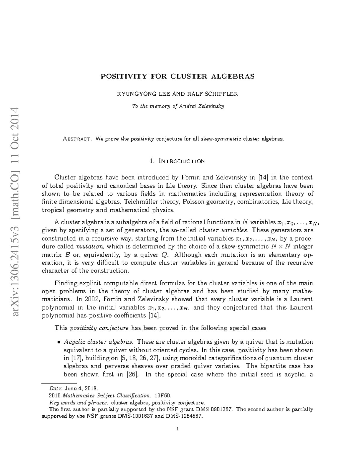 1306 - Cours - arXiv:1306 [math] 11 Oct 2014 POSITIVITY FOR CLUSTER ...