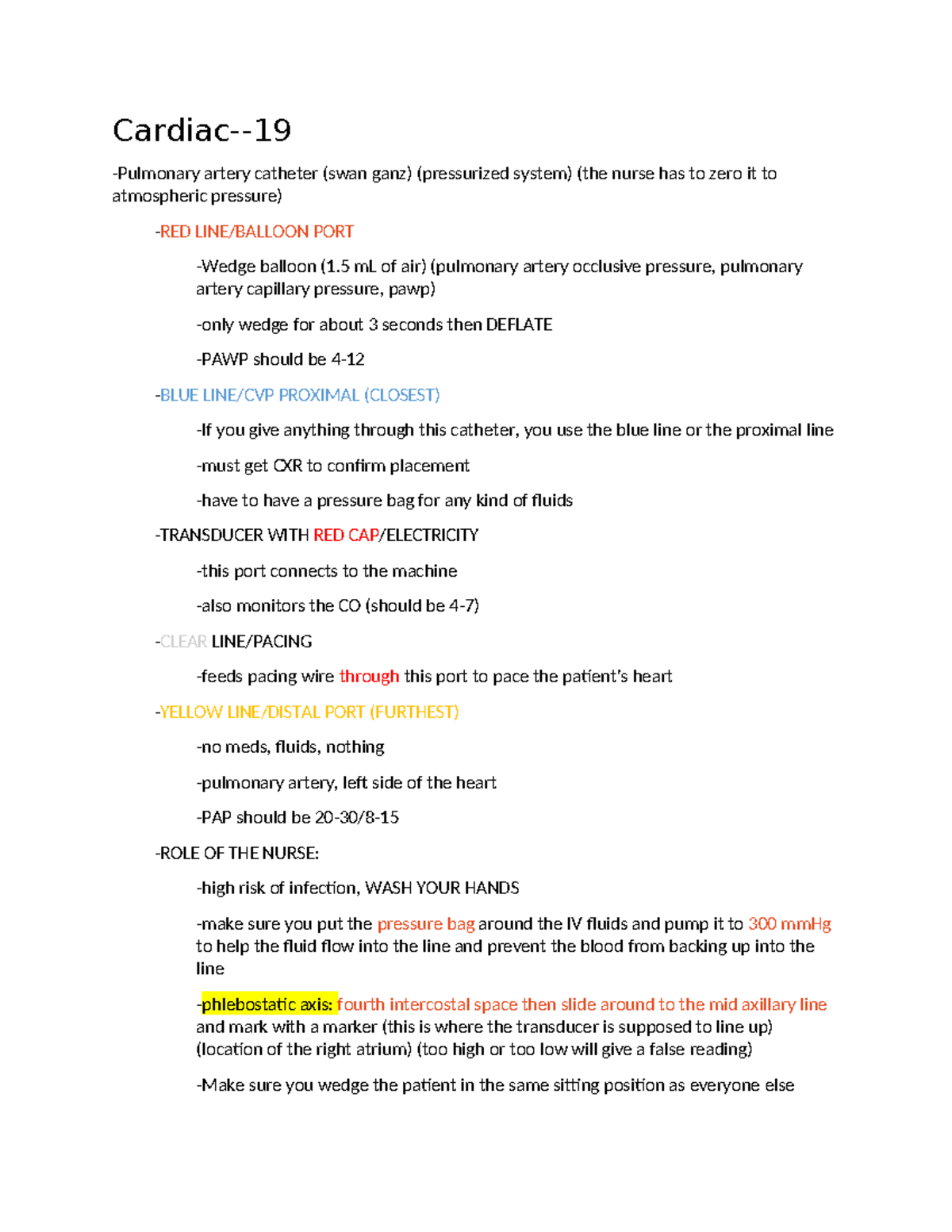 Final study guide - Cardiac-Pulmonary artery catheter (swan ganz ...