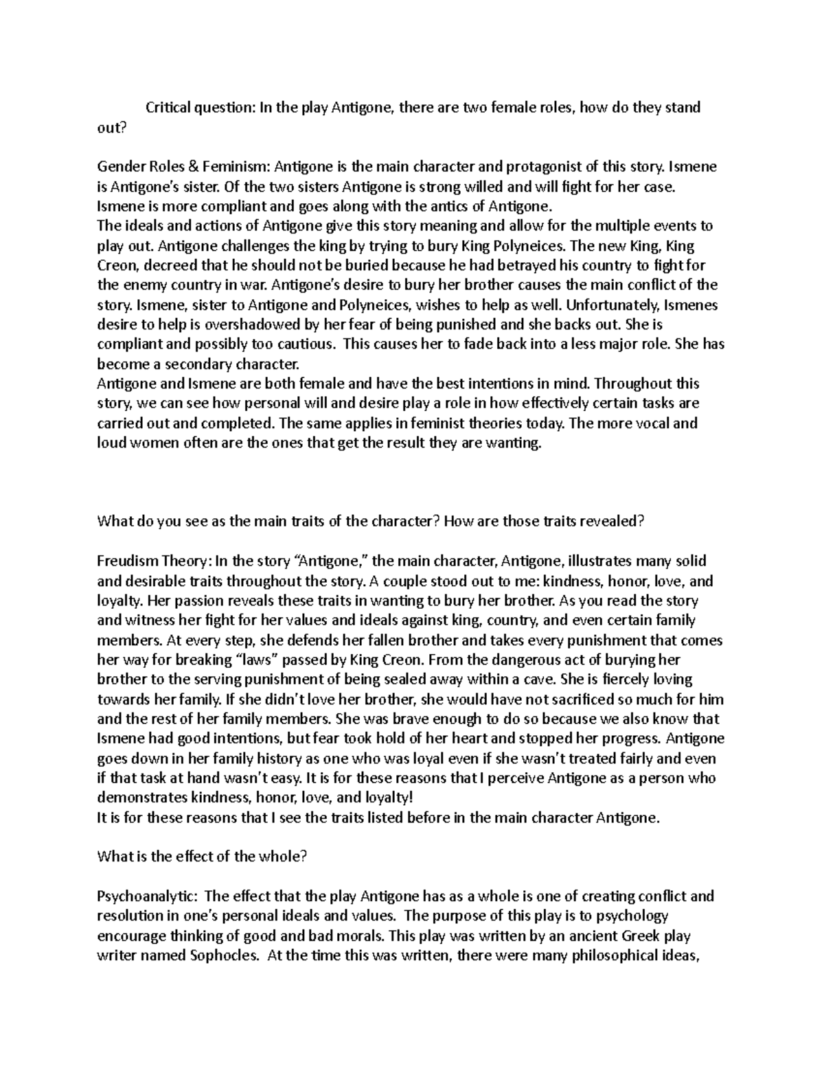 Final Essay Questions - Critical question: In the play Antigone, there ...