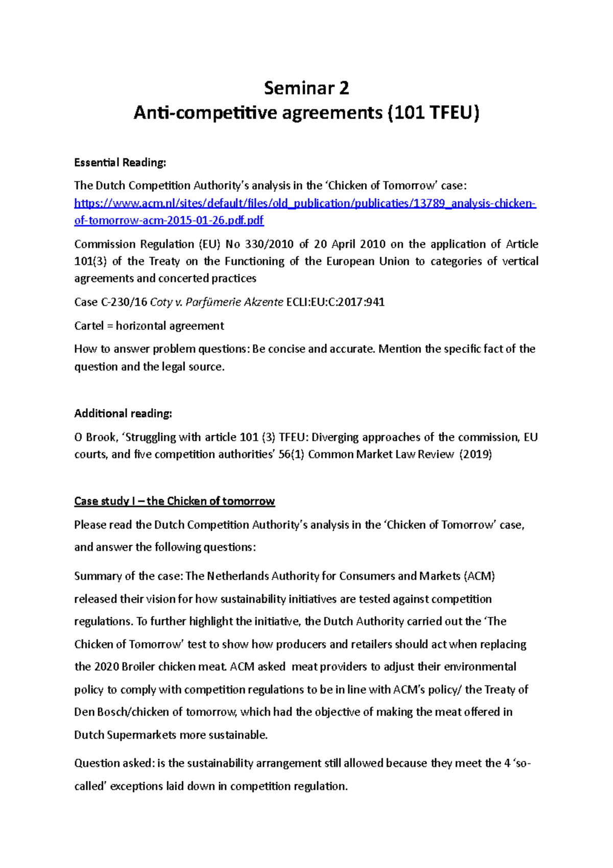 Sem 2 - art 101 - Competition law seminar 2 - Seminar 2 Anti-competitive agreements (101 TFEU ...
