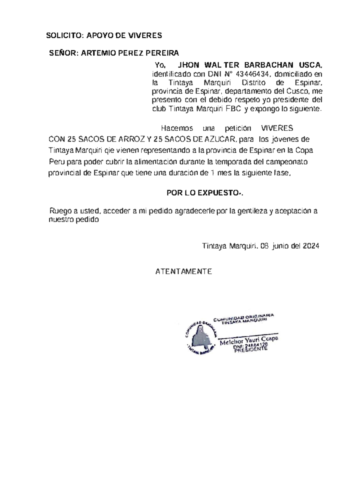 Solicitud apoyo de viviresads - SOLICITO: APOYO DE VIVERES SEÑOR ...