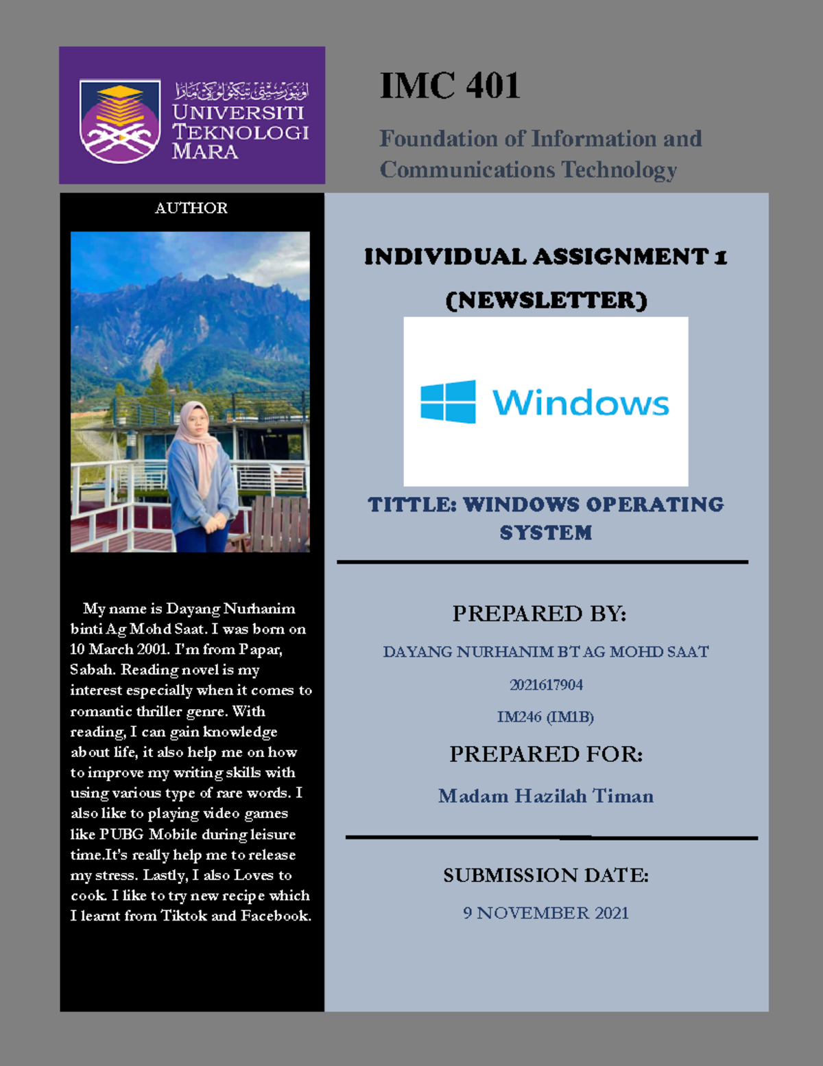 Newsletter assignment 1- IMC401 - IMC 401 Foundation of Information and ...