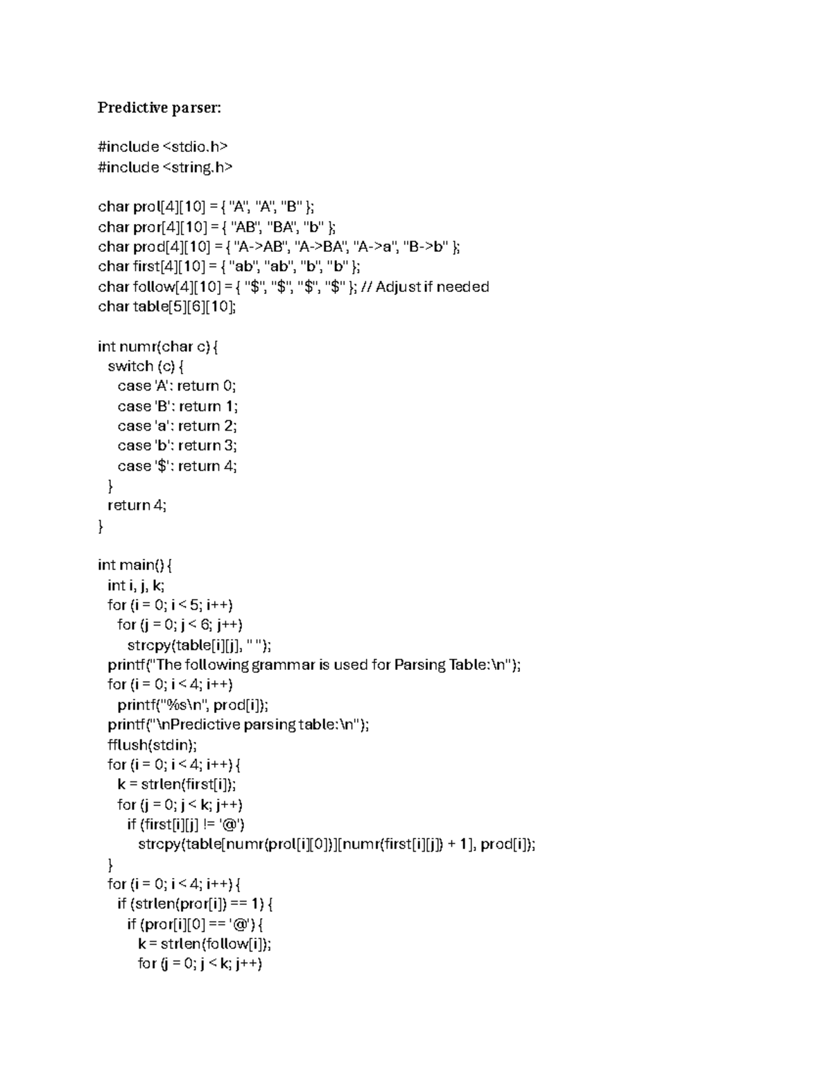Predictive Parser Predictive Parser Include Include Char Prol 4