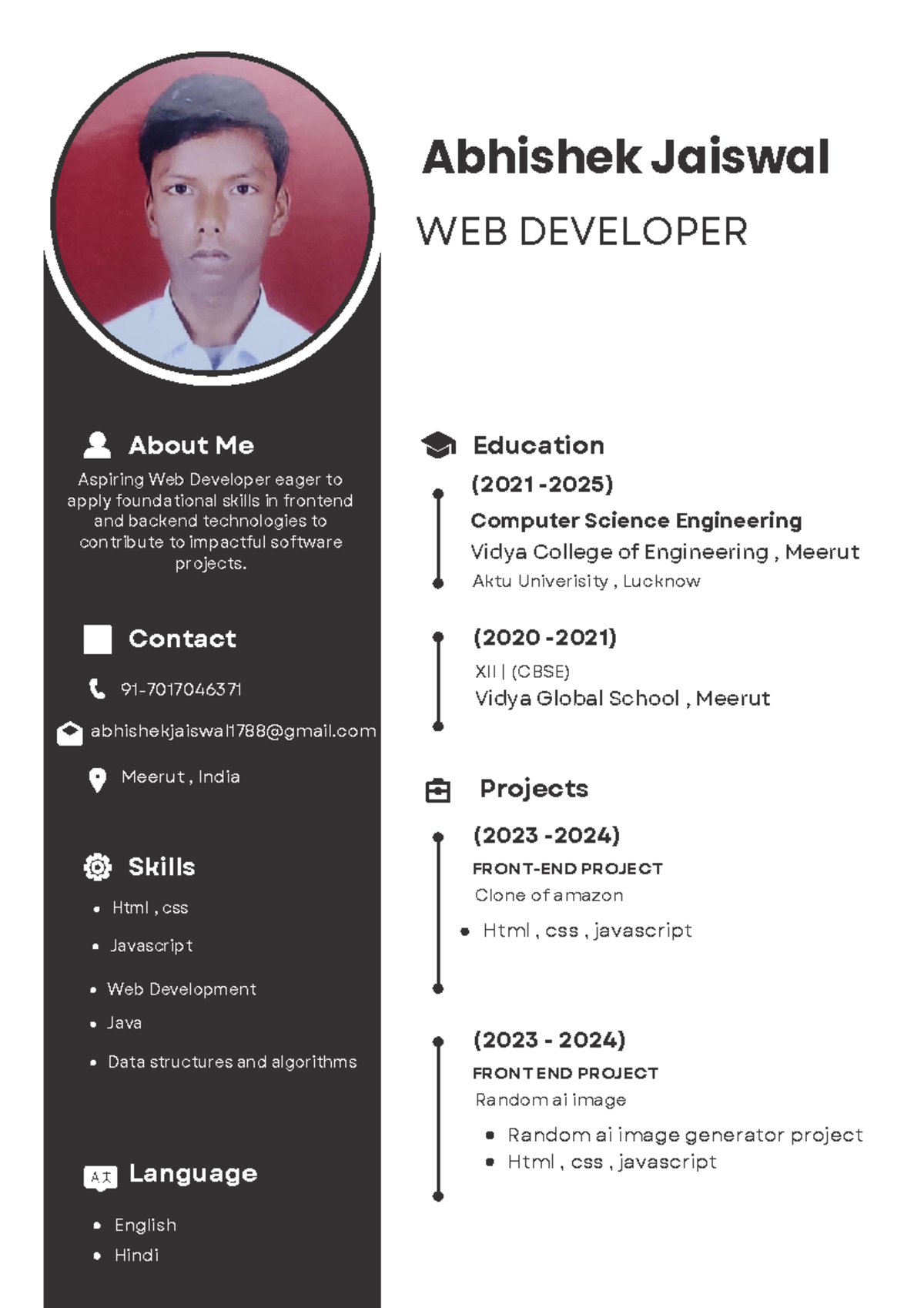 Noty baby resume - ffffsfsff - Abhishek Jaiswal WEB DEVELOPER Education Projects FRONT-END ...
