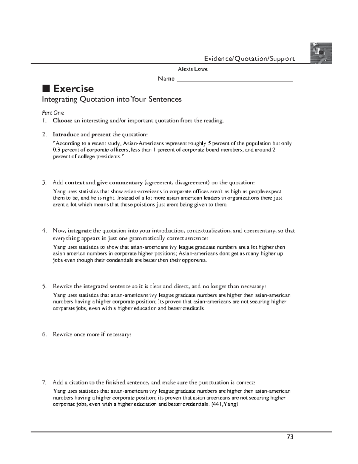 Section 5 PP 73-74 - notes - 73 Evidence/Quotation/Support Name