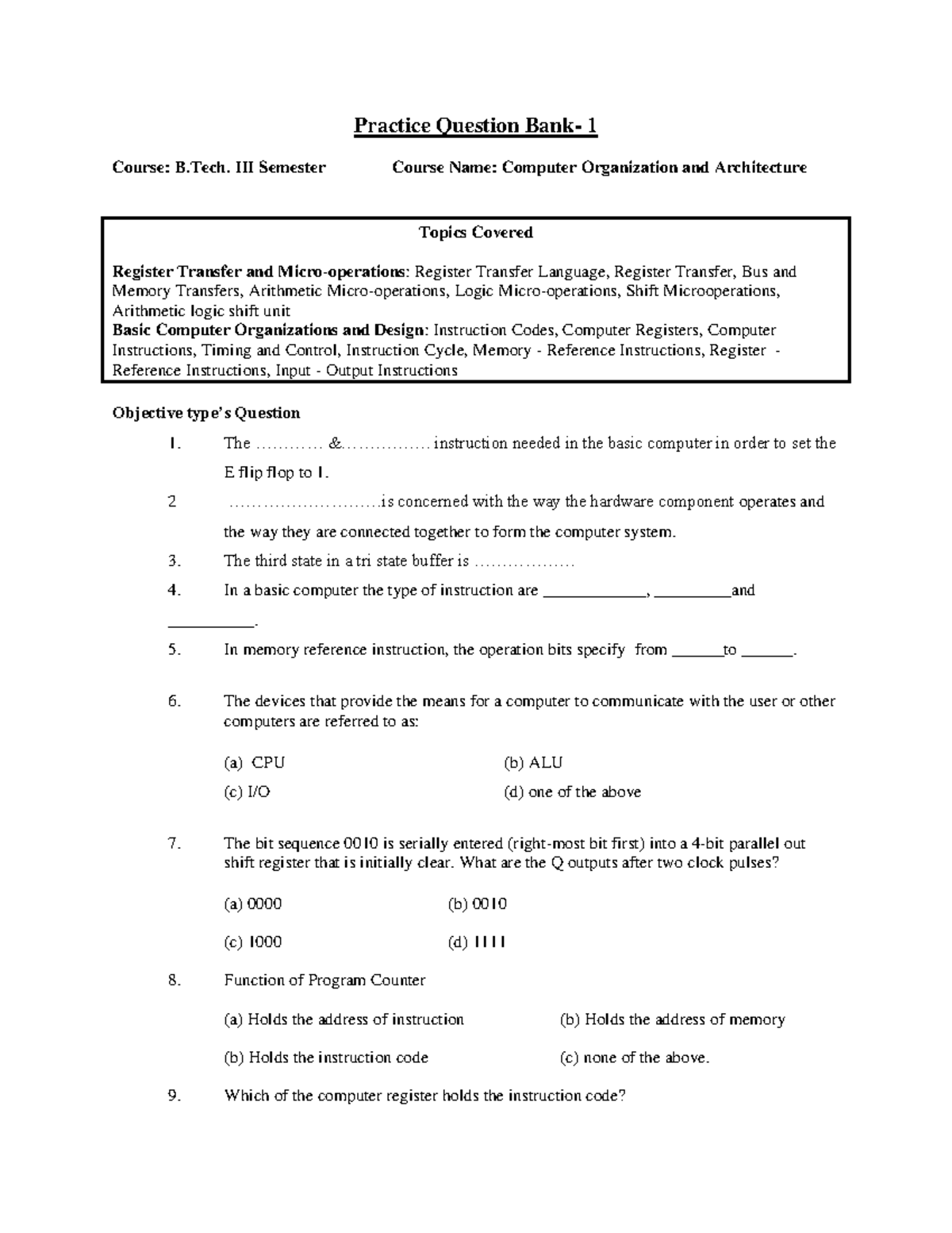 Practice Question Bank -1 - Practice Question Bank- 1 Course: B. III ...