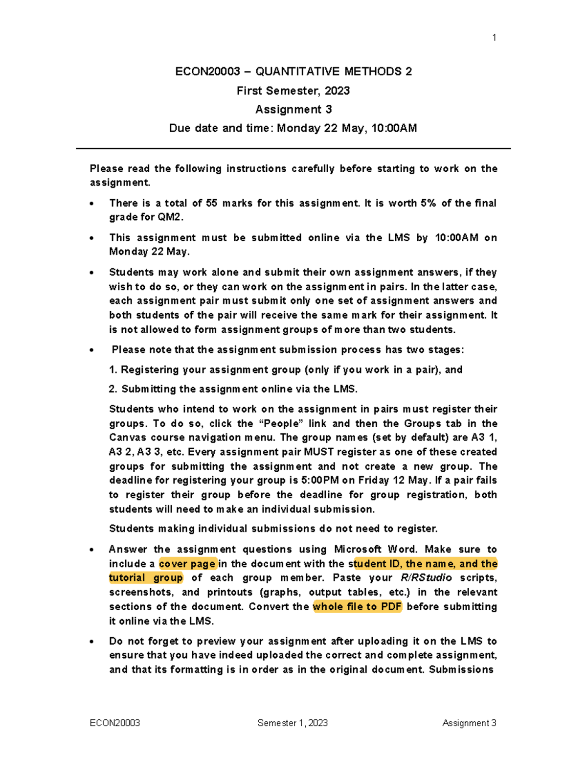 Assignment 3 updated - ECON20003 – QUANTITATIVE METHODS 2 First ...