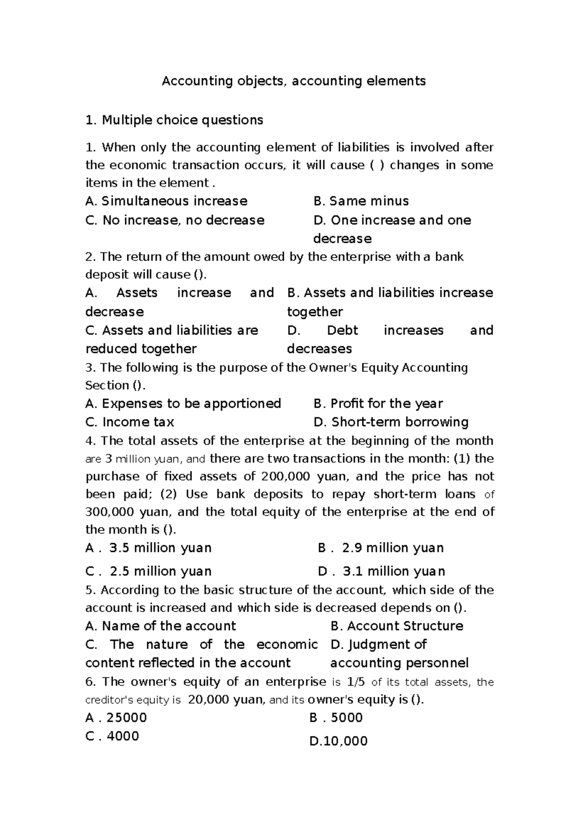 Accounting objects, accounting elements - Multiple choice questions ...