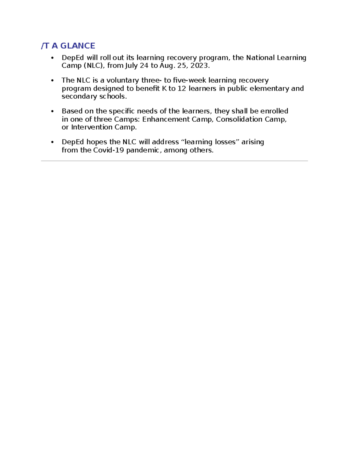 NLC - /T A GLANCE DepEd will roll out its learning recovery program ...
