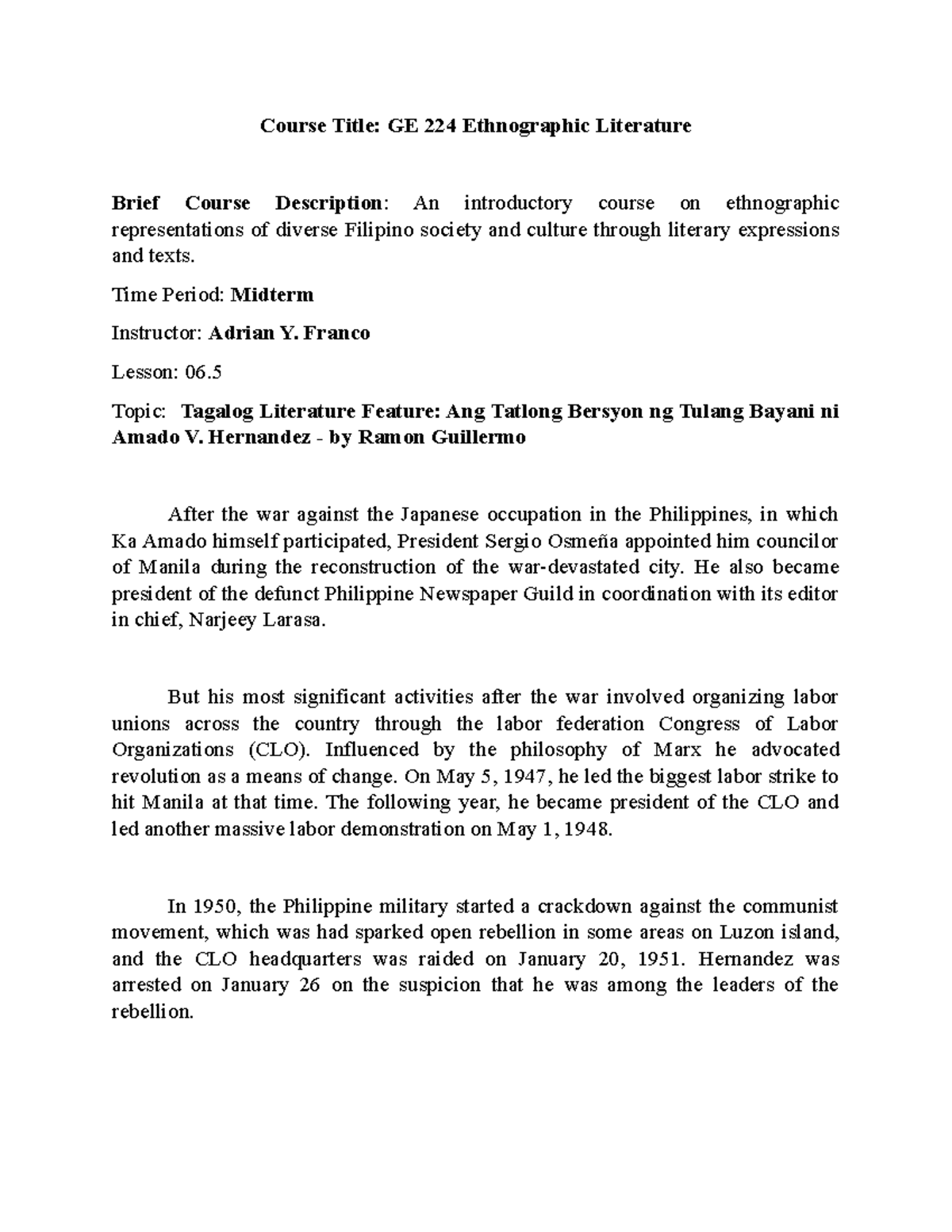 06.5 Tagalog Literature Feature - 03 22 21 - Course Title: GE 224 ...