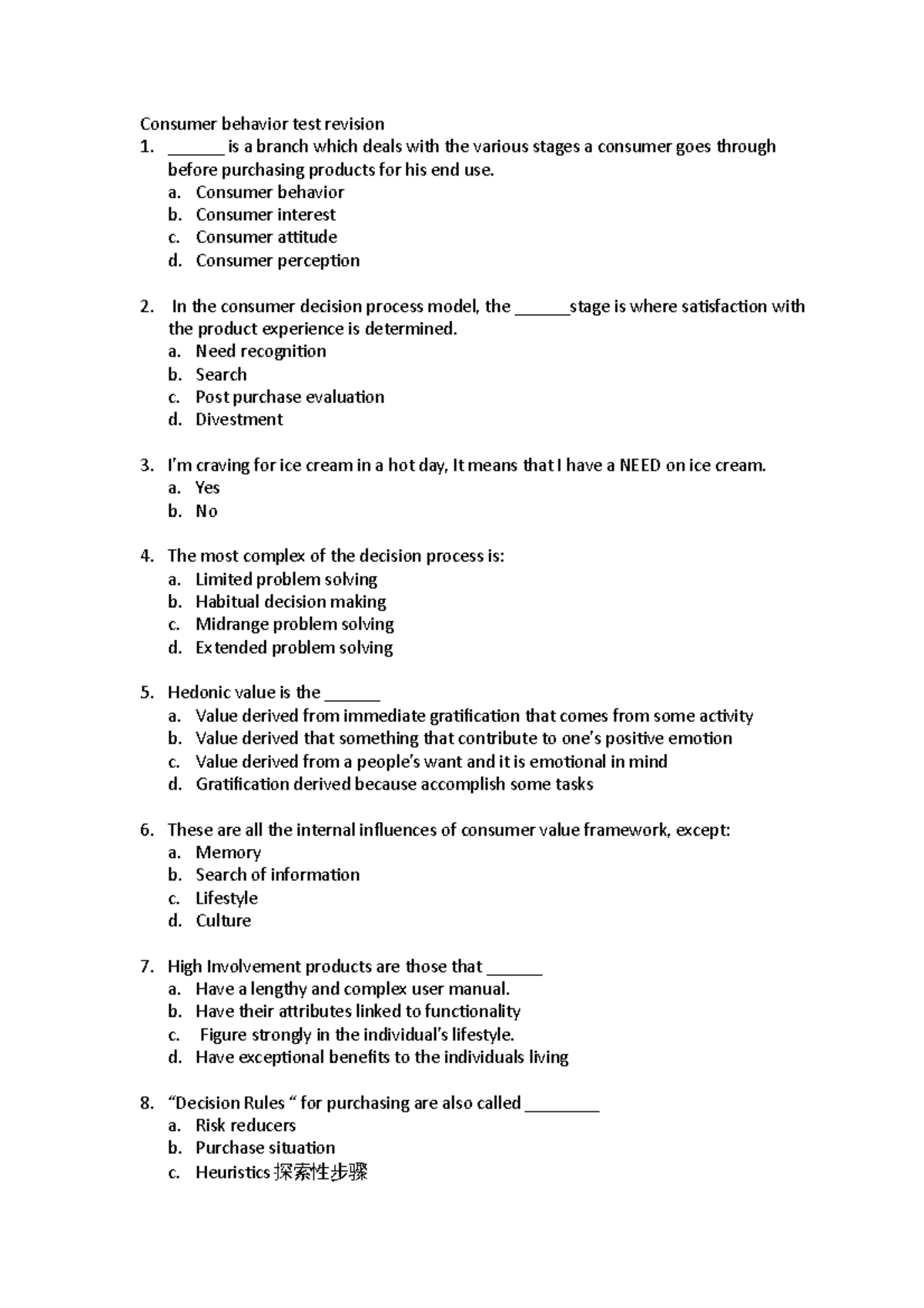 Consumer behavior test revision - Consumer behavior test revision ...