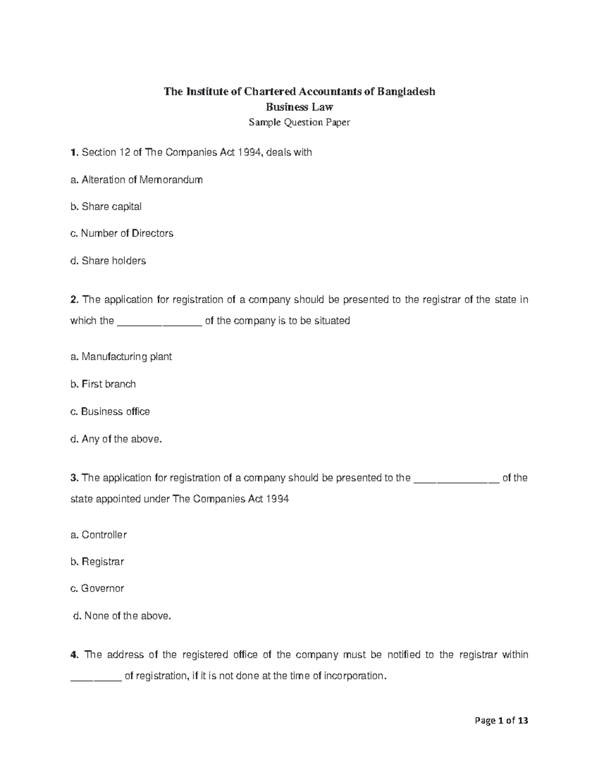 Business Law Certificate Level Sample Question The Institute Of