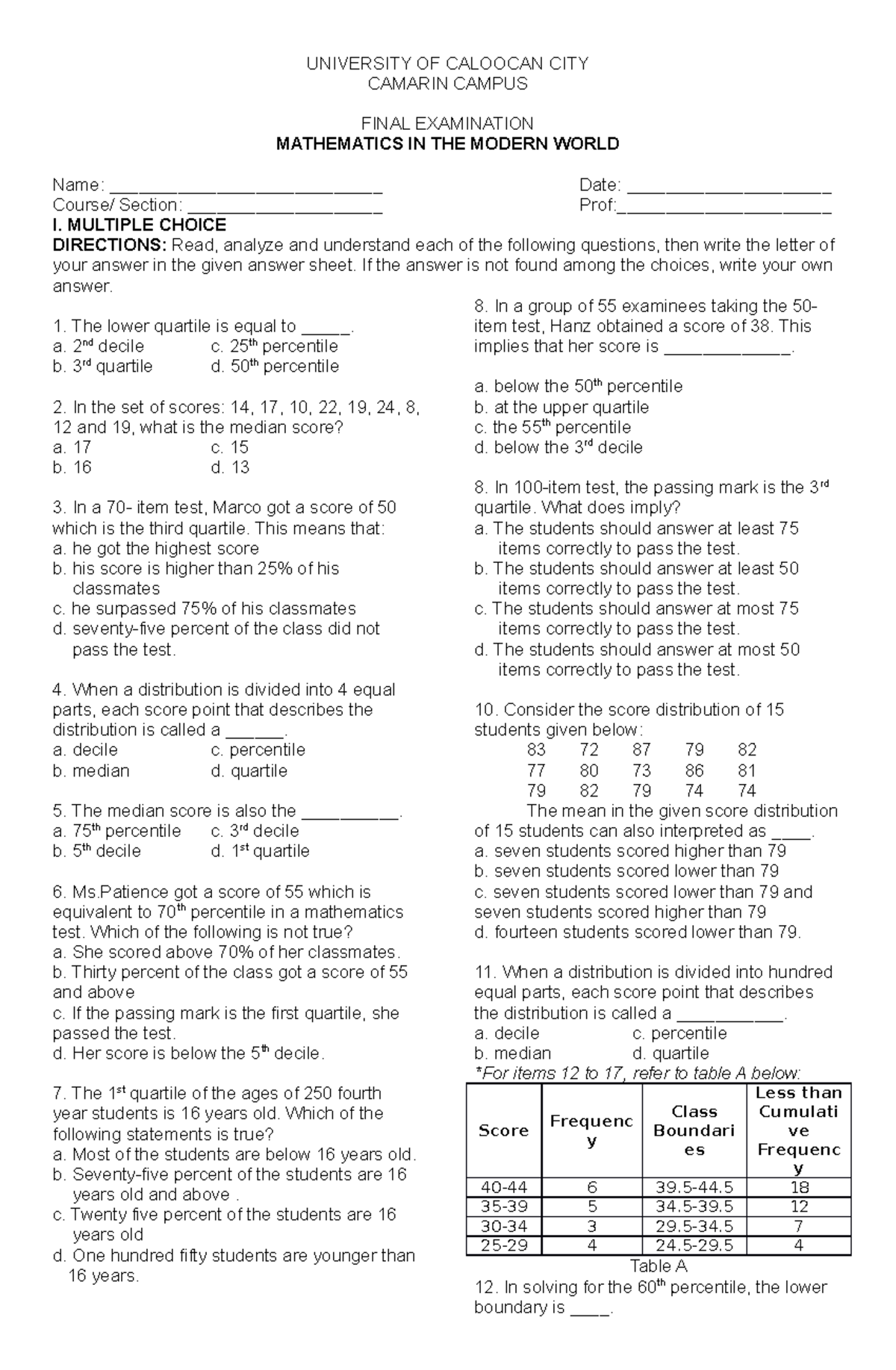 MMW Final EXAM B Math UNIVERSITY OF CALOOCAN CITY CAMARIN CAMPUS