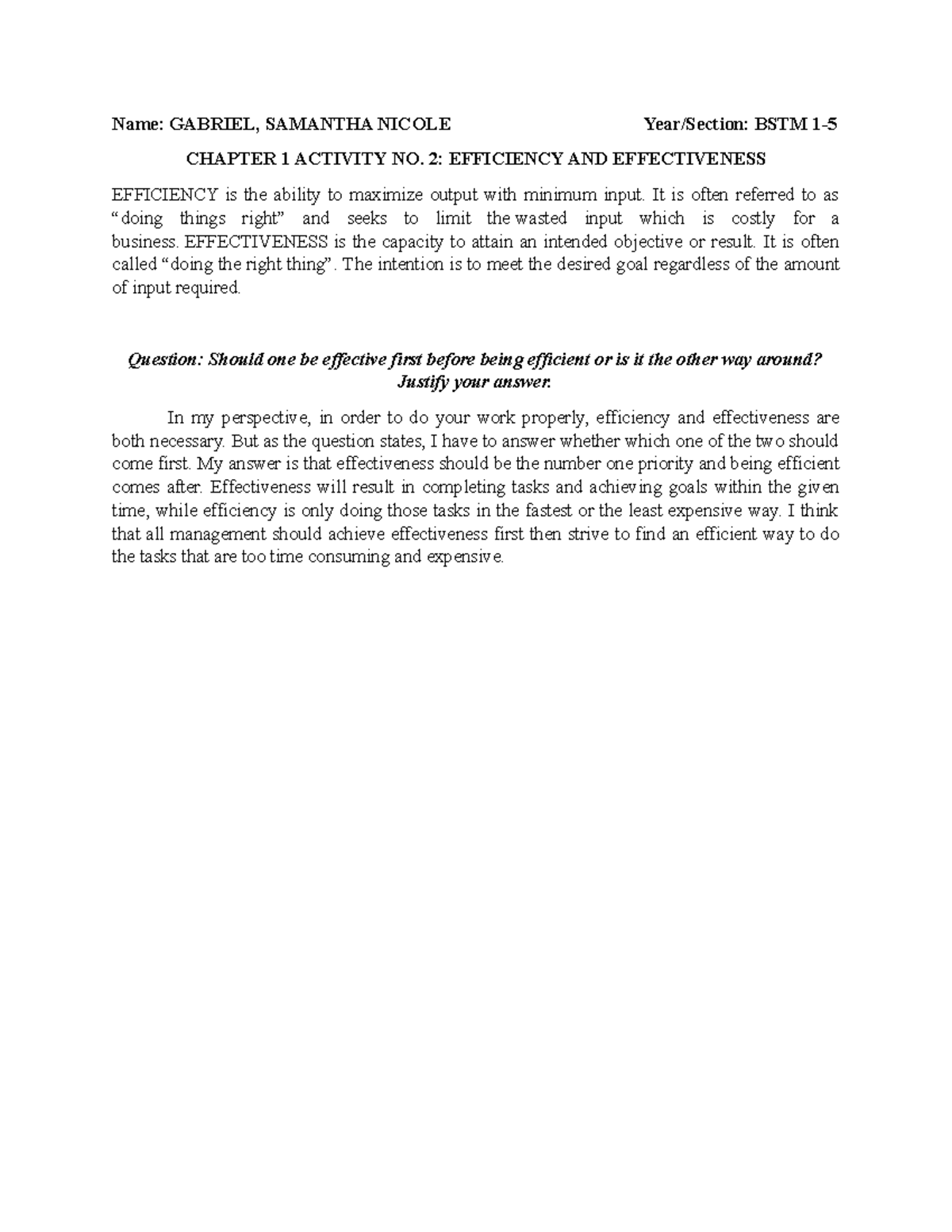 Gabriel-Samantha Nicole-BSTM-1-5- Chapter 1 Activity NO. 2- Efficiency ...