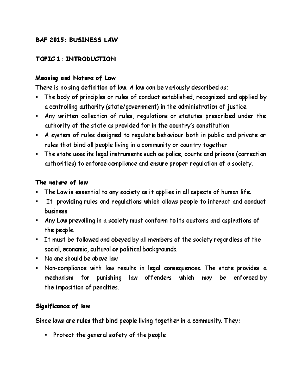 Topic 1 Introduction - Excelent notes - BAF 2015: BUSINESS LAW TOPIC 1 ...