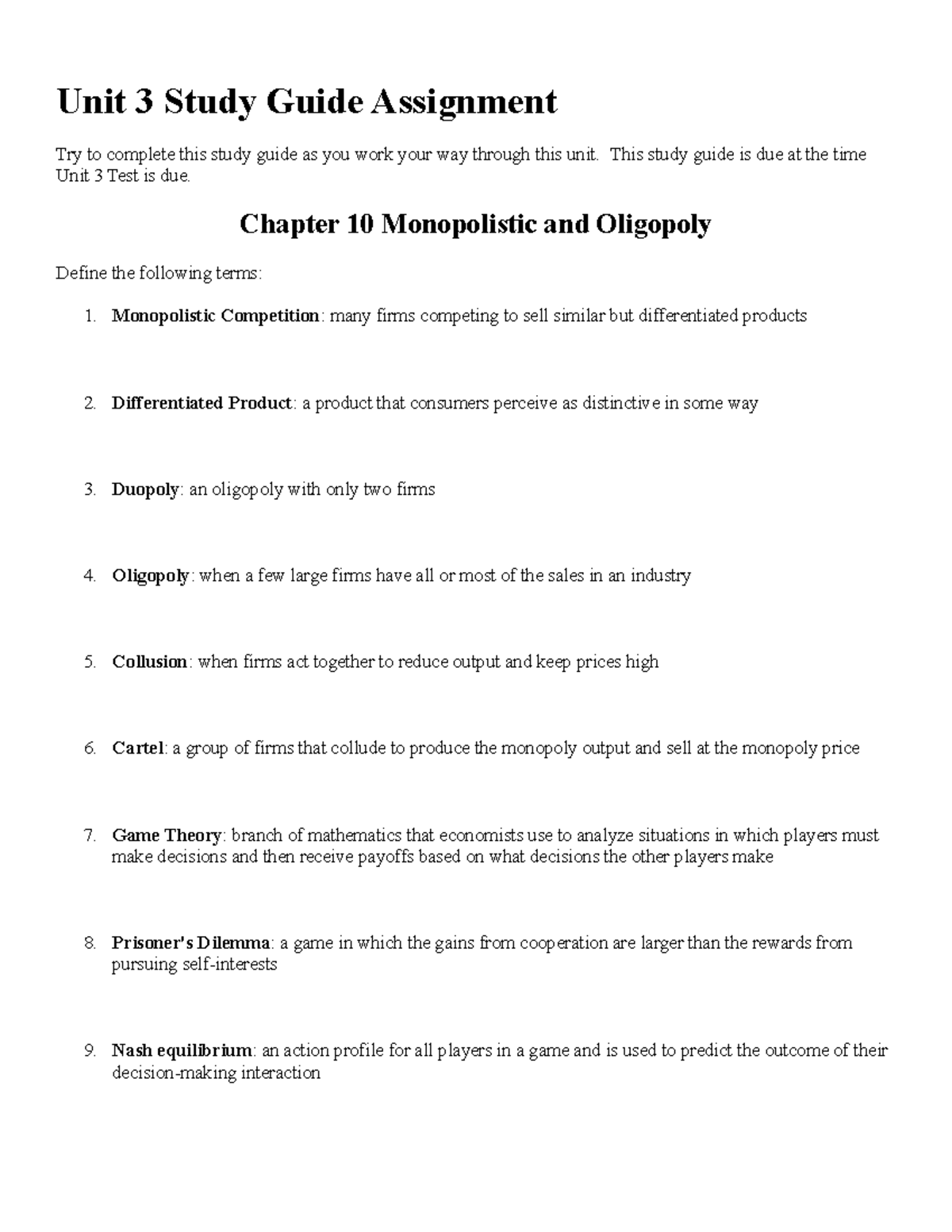 Micro Unit 3 Study Guide Assignment - Unit 3 Study Guide Assignment Try to complete this study ...