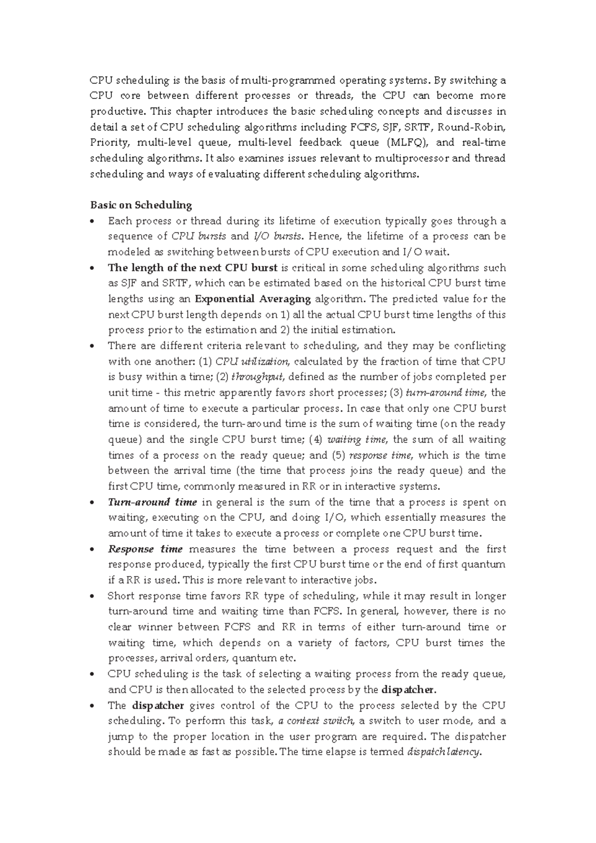 Chp5 summary - Lecture note - CPU scheduling is the basis of multi-programmed operating systems ...