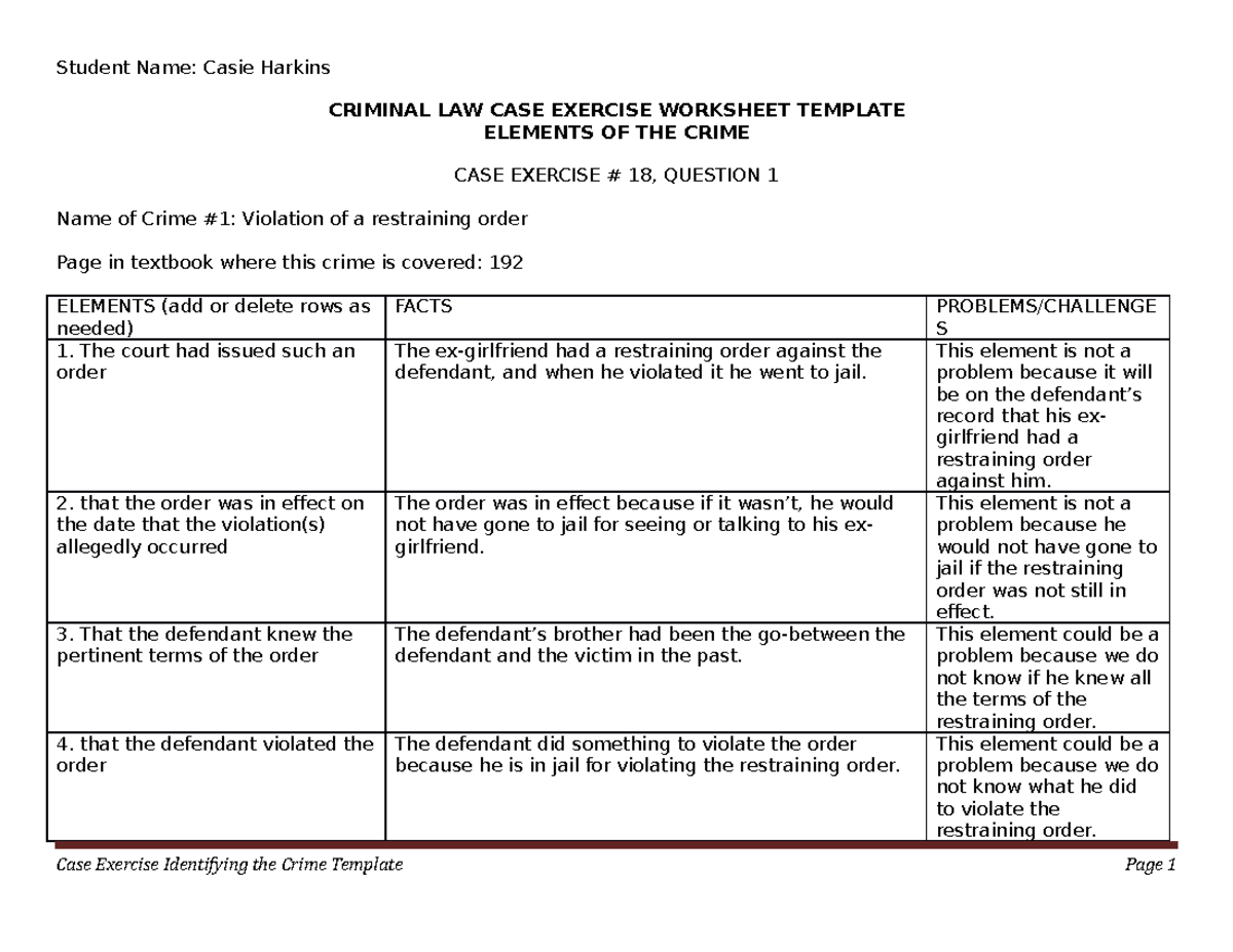 Criminal law case 18 #1 - Student Name: Casie Harkins CRIMINAL LAW CASE ...