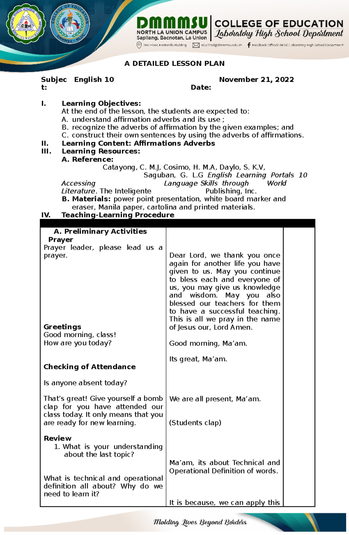 Affirmation- Adverbs - For lesson planning. - A DETAILED LESSON PLAN ...