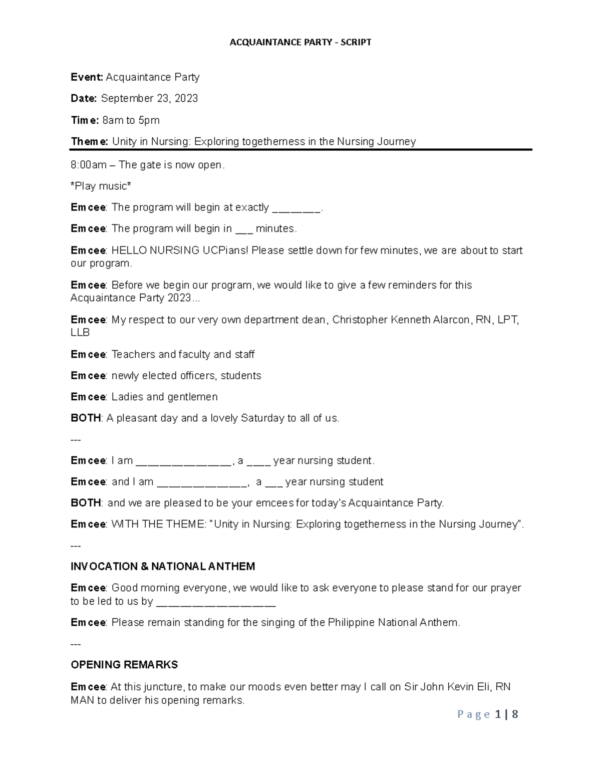 Acquaintance Party Script - Event: Acquaintance Party Date: September ...