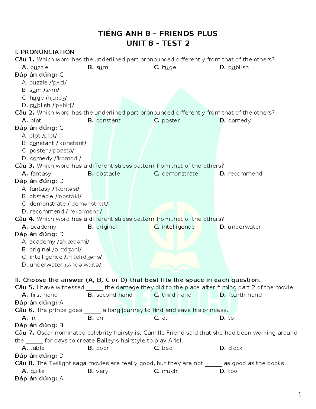 Tieng Anh 8 Friends Plus - Unit 8 - Test 2 (key) - TIẾNG ANH 8 ...