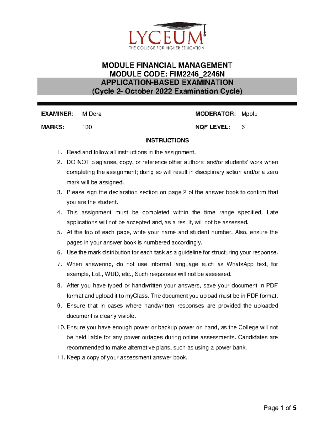 FIM2246N 2246 October Exam - MODULE FINANCIAL MANAGEMENT MODULE CODE ...