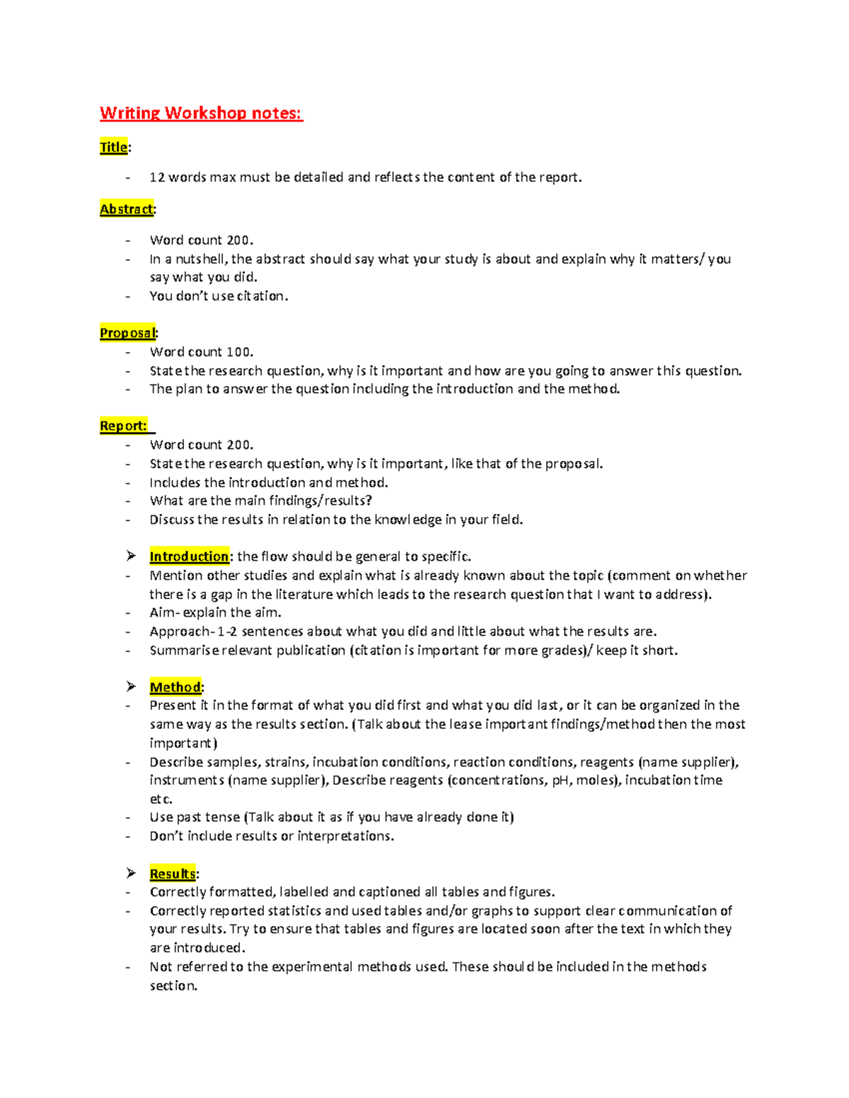 Writing workshop ONE - Writing Workshop notes: Title : 12 words max ...