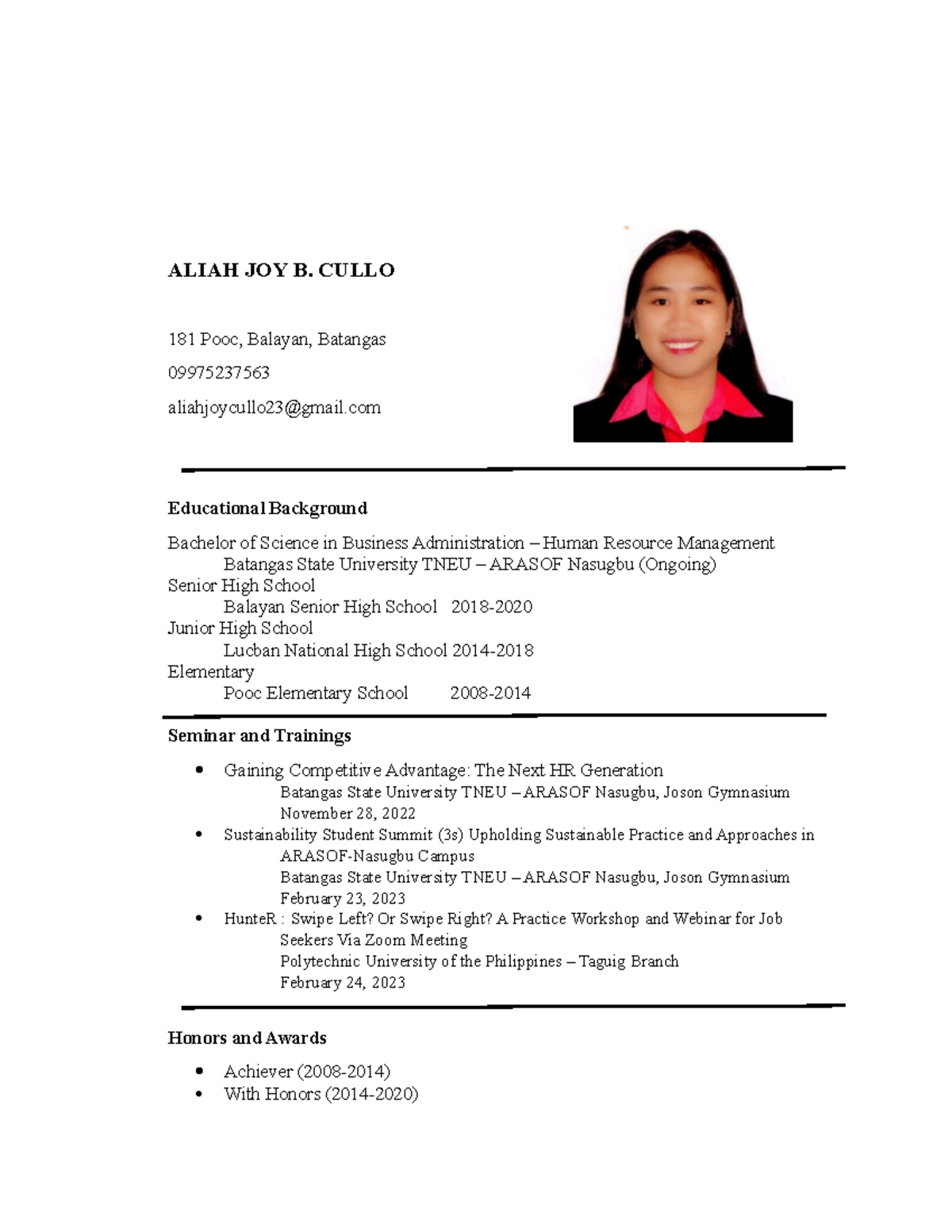 Curriculum Vitae MY PART ALIAH JOY B CULLO 181 Pooc Balayan