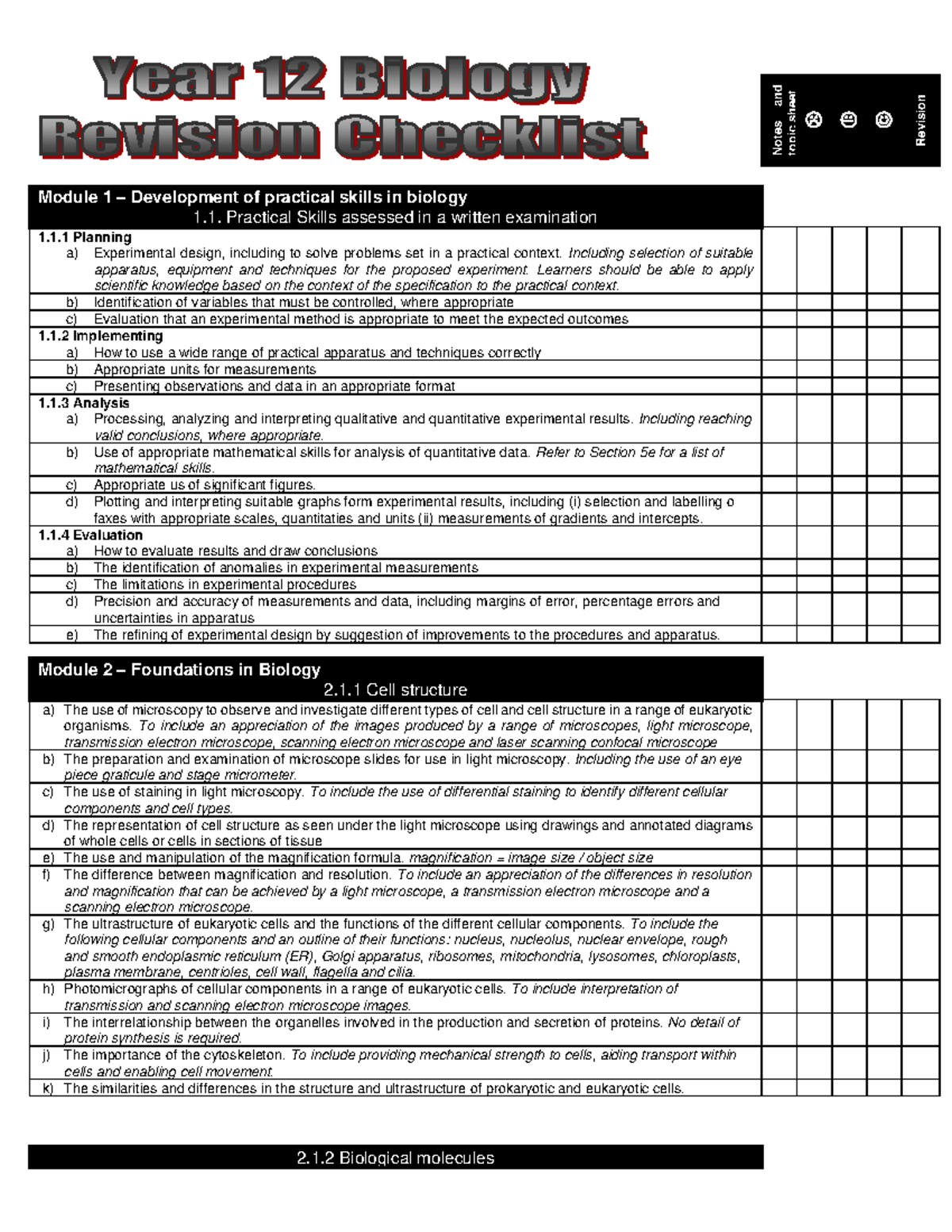 OCR-A-Year-12 Revision Checklist - Notes and topic sheet ☺ Revision ...