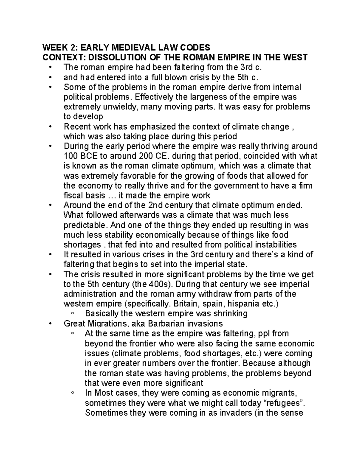 2 - notes - WEEK 2: EARLY MEDIEVAL LAW CODES CONTEXT: DISSOLUTION OF ...