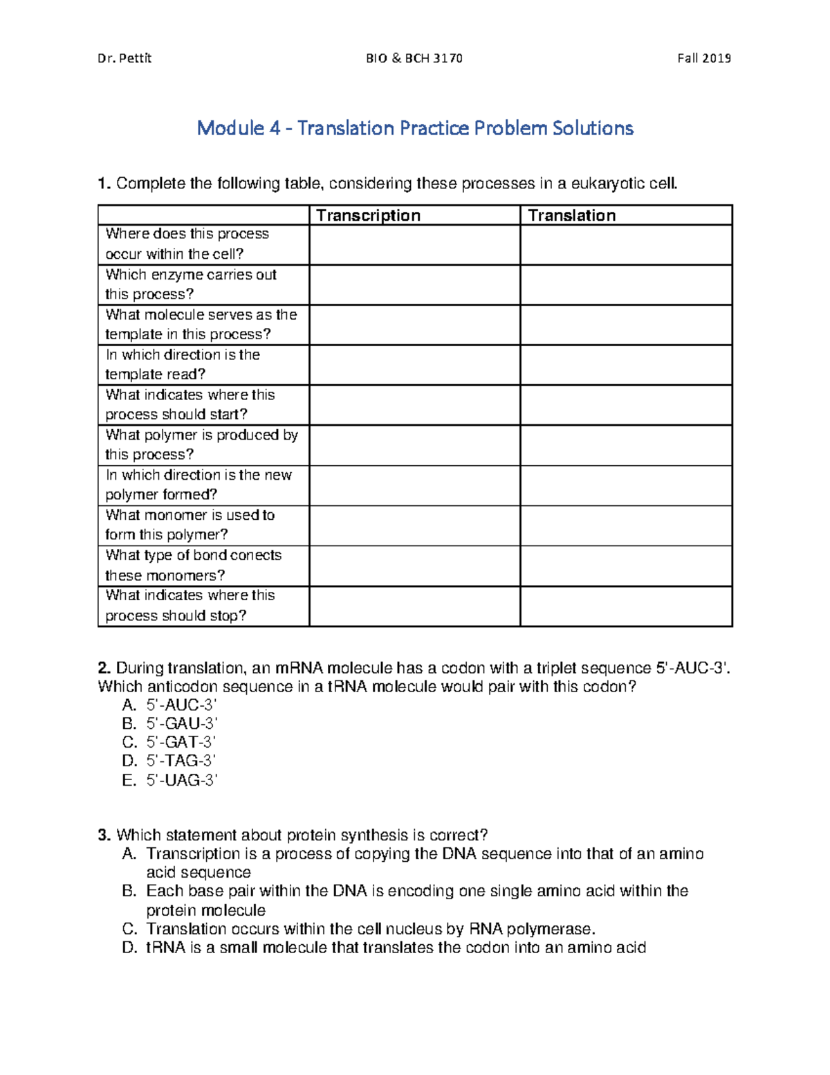 Module 4 Practice Problems BIO BCH3170 - Module 4 - Translation ...