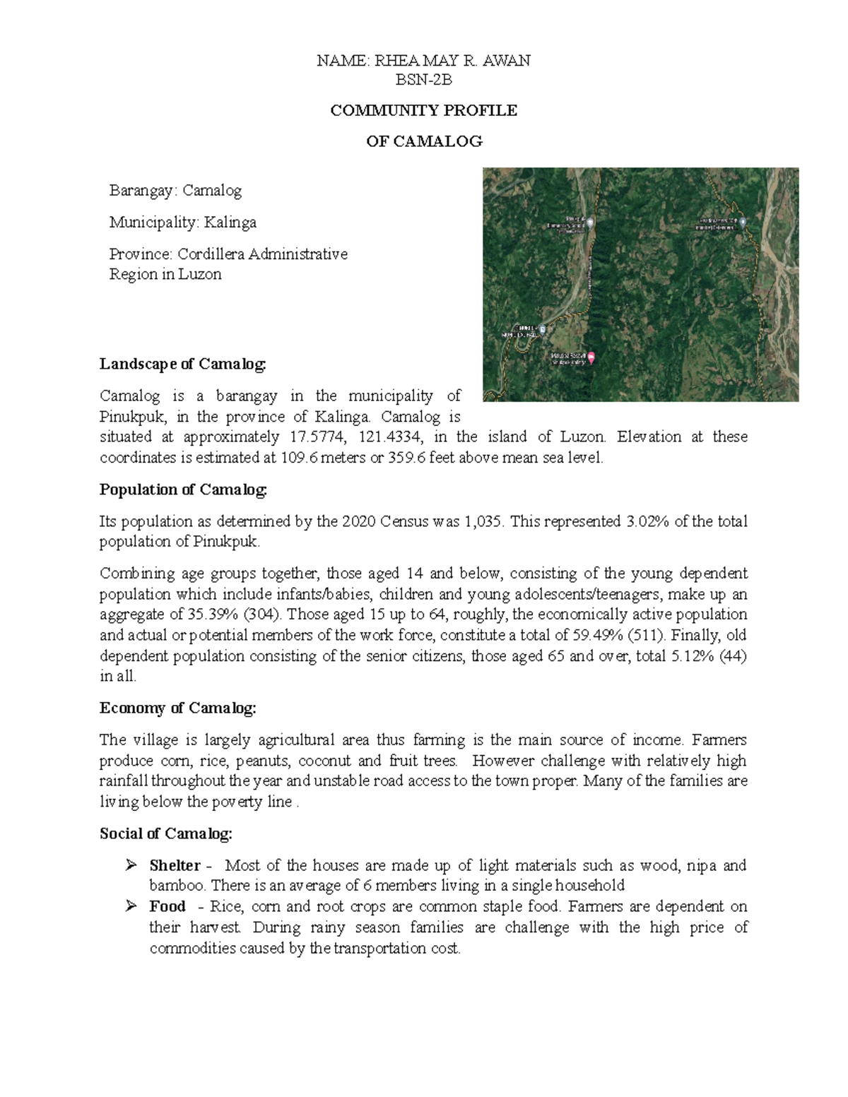 Community Profile OF Barangay Camalog - NAME: RHEA MAY R. AWAN BSN-2B ...