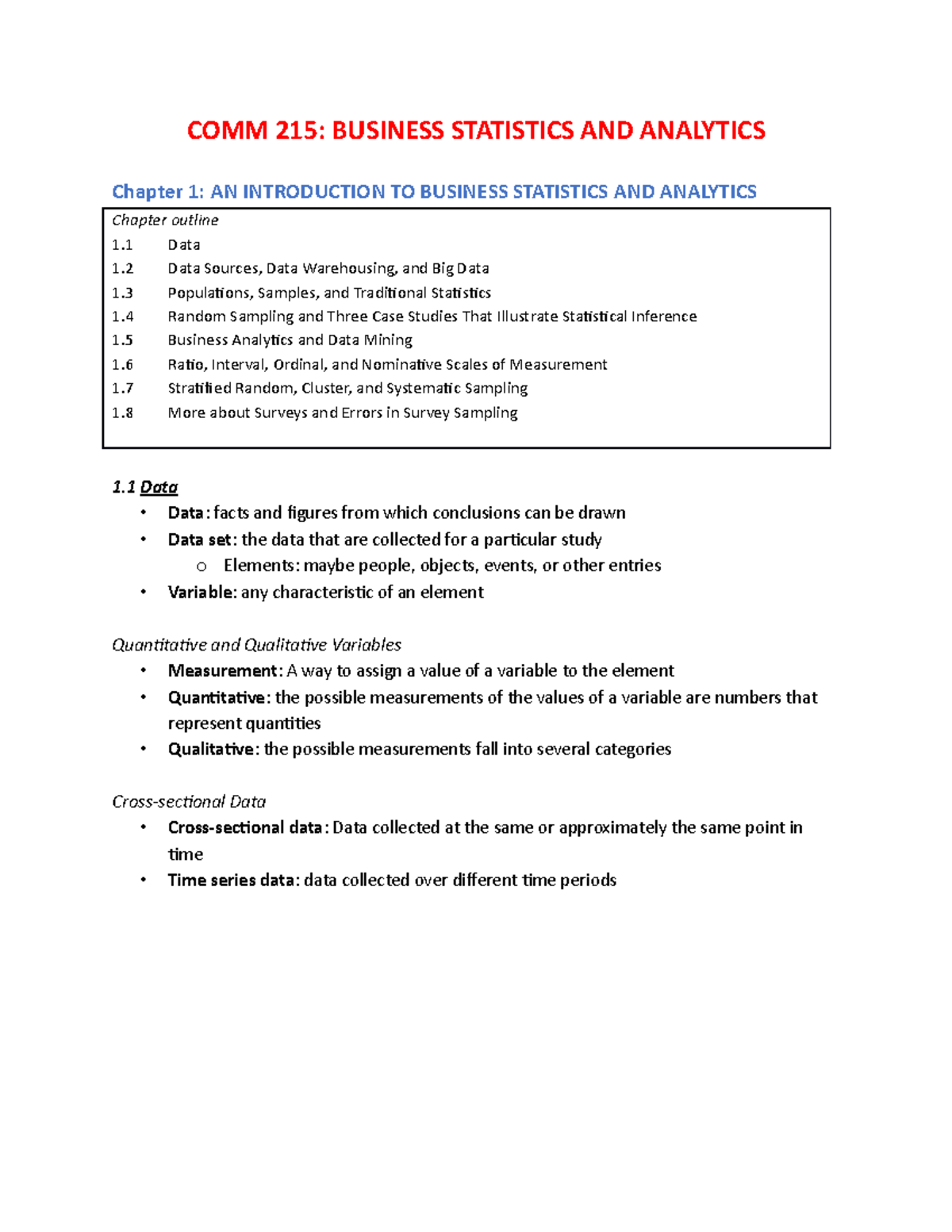 COMM 215 Theory - COMM 215: BUSINESS STATISTICS AND ANALYTICS Chapter 1 ...