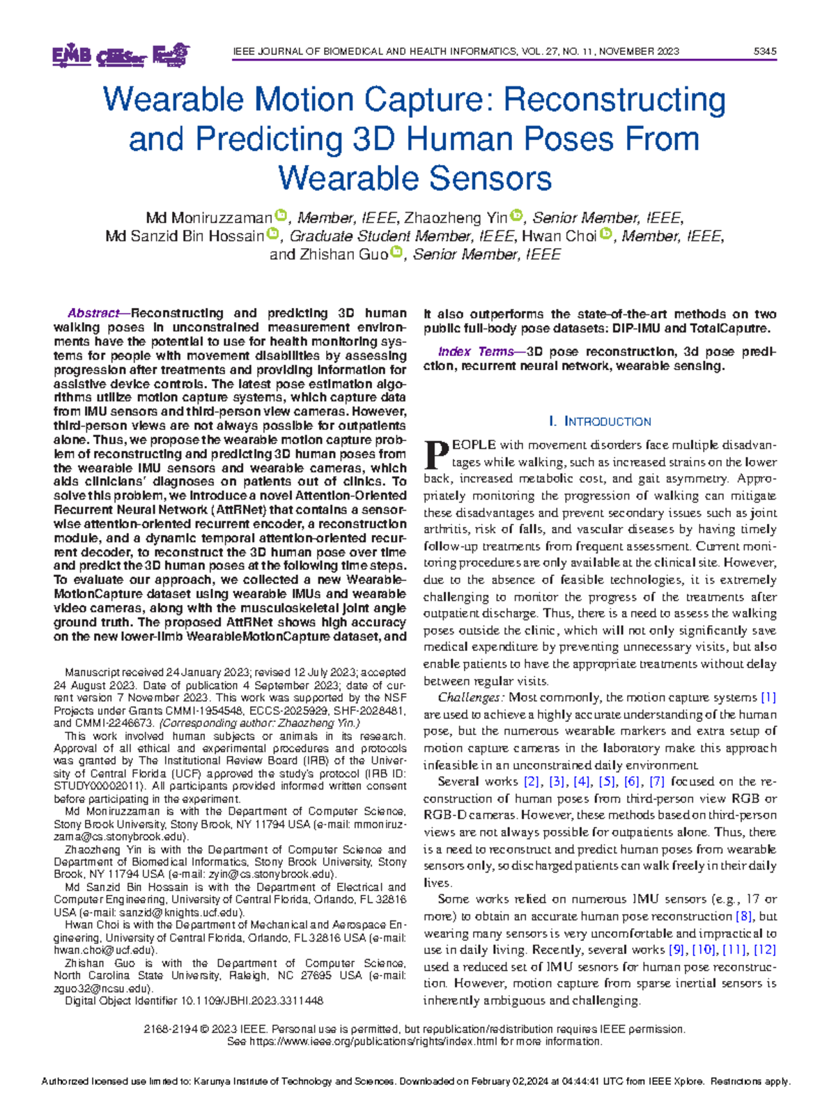 Wearable Motion Capture Reconstructing and Predicting 3D Human Poses ...
