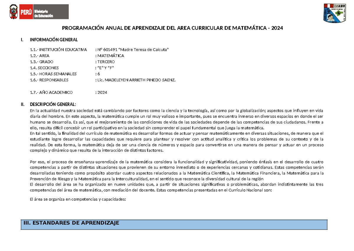Programacion Anual 3RO-matematica - PROGRAMACIÓN ANUAL DE APRENDIZAJE DEL AREA CURRICULAR DE ...