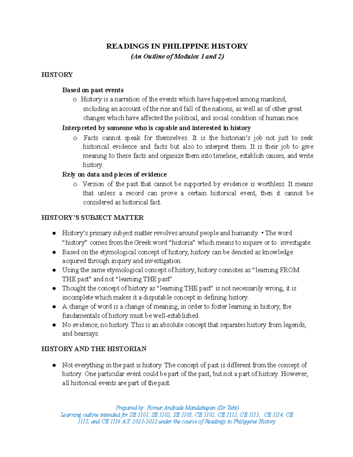 Outline in Readings in Philippine History Part 1 - READINGS IN PHILIPPINE HISTORY (An Outline of ...