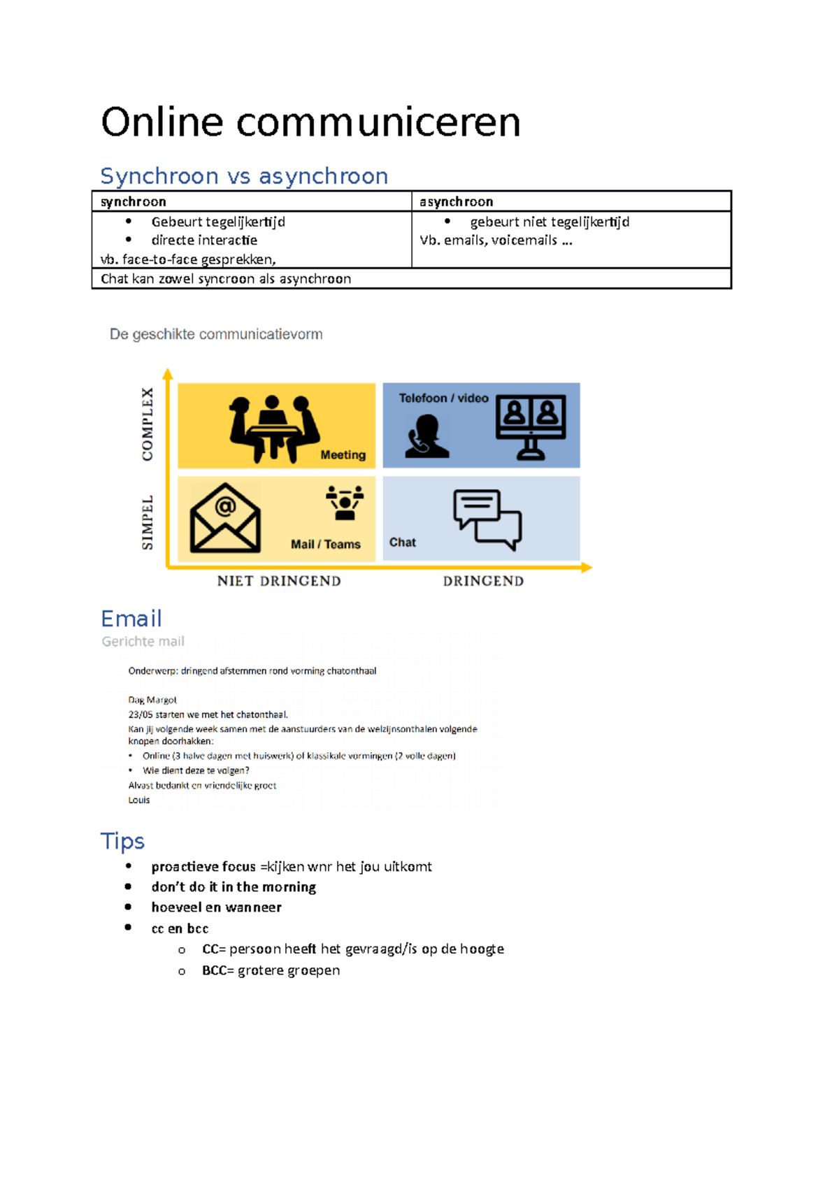 Samenvatting - Online communiceren Synchroon vs asynchroon synchroon ...