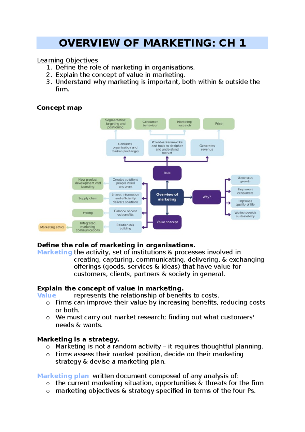 MKTG1203 WK1 notes - OVERVIEW OF MARKETING: CH 1 Learning Objectives 1 ...