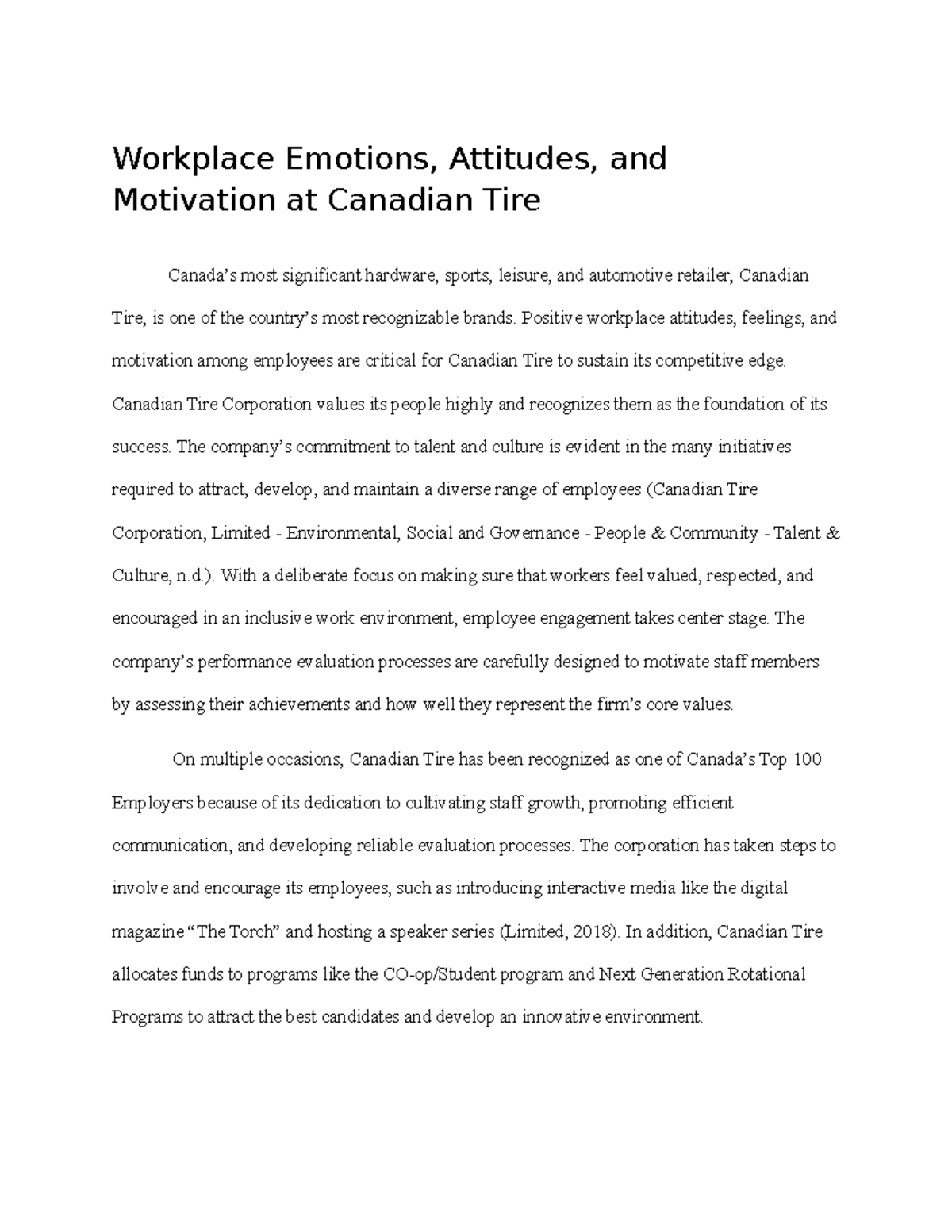 Workplace Emotions, Attitudes, and Motivation at Canadian Tire ...