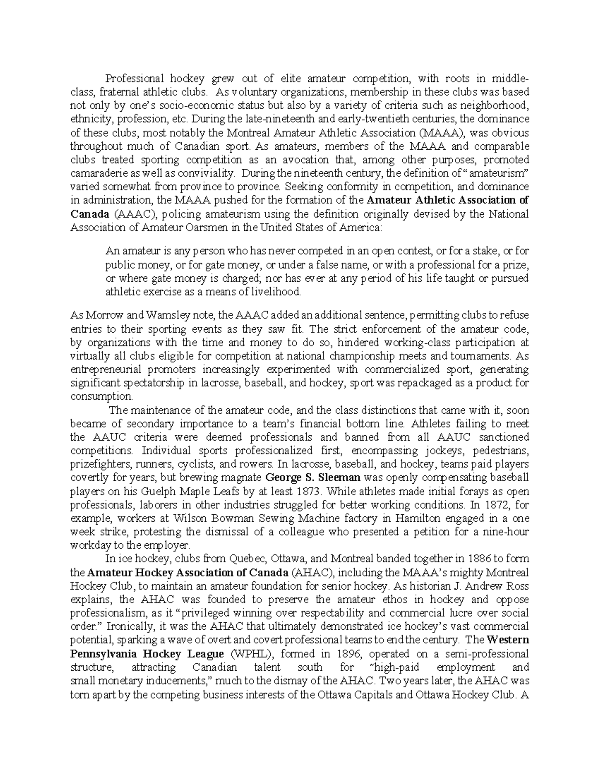 MAAA and hockey - sport history mac ross - Professional hockey grew out ...