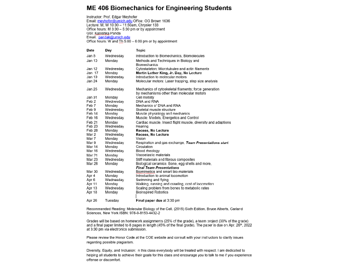 ME 406 Introduction W22 - Biomechanics ME 406 Definition of “Life ...