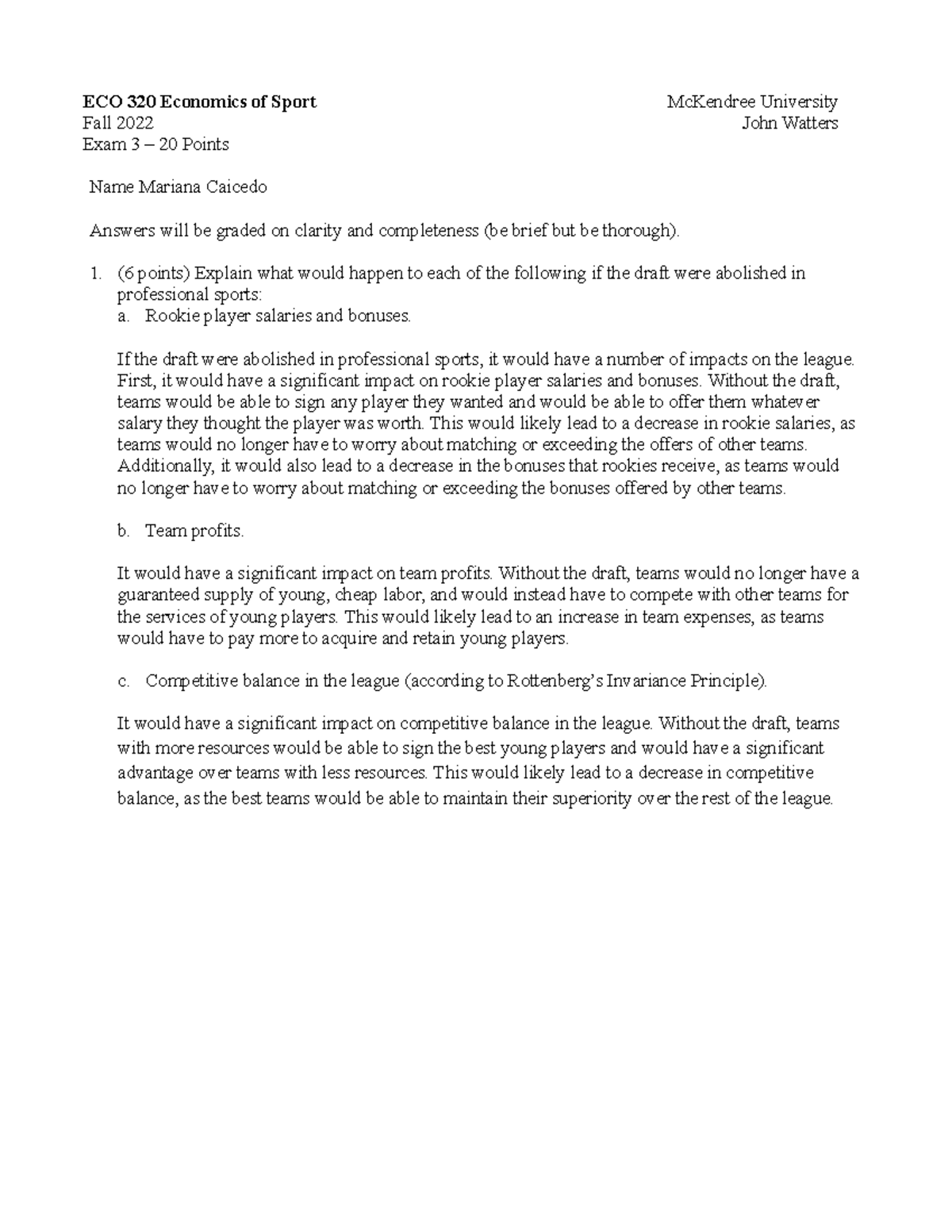 ECO320 Exam3 F22 - Notes - ECO 320 Economics of Sport McKendree ...
