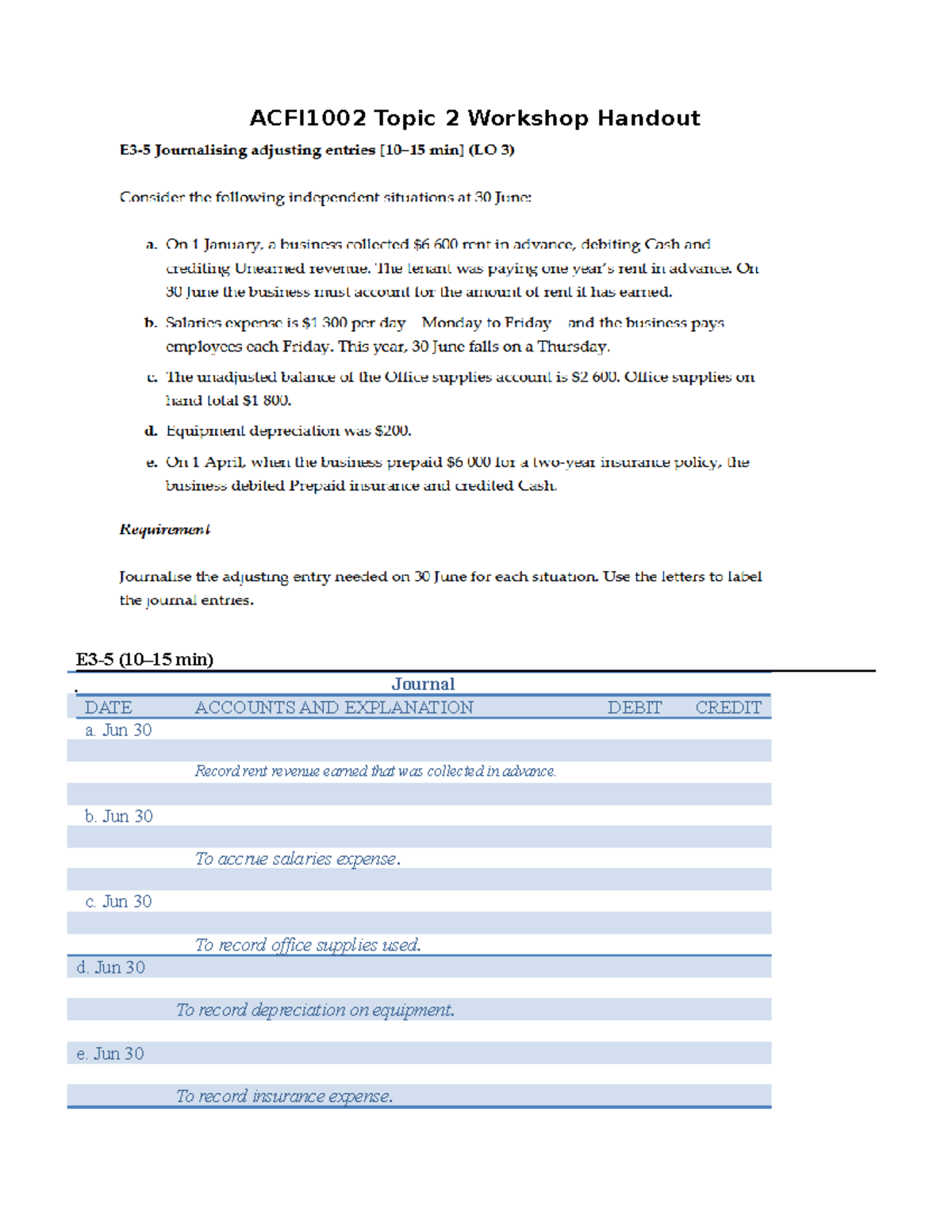 Topic 2 Student Handout with T accounts - ACFI1002 Topic 2 Workshop ...