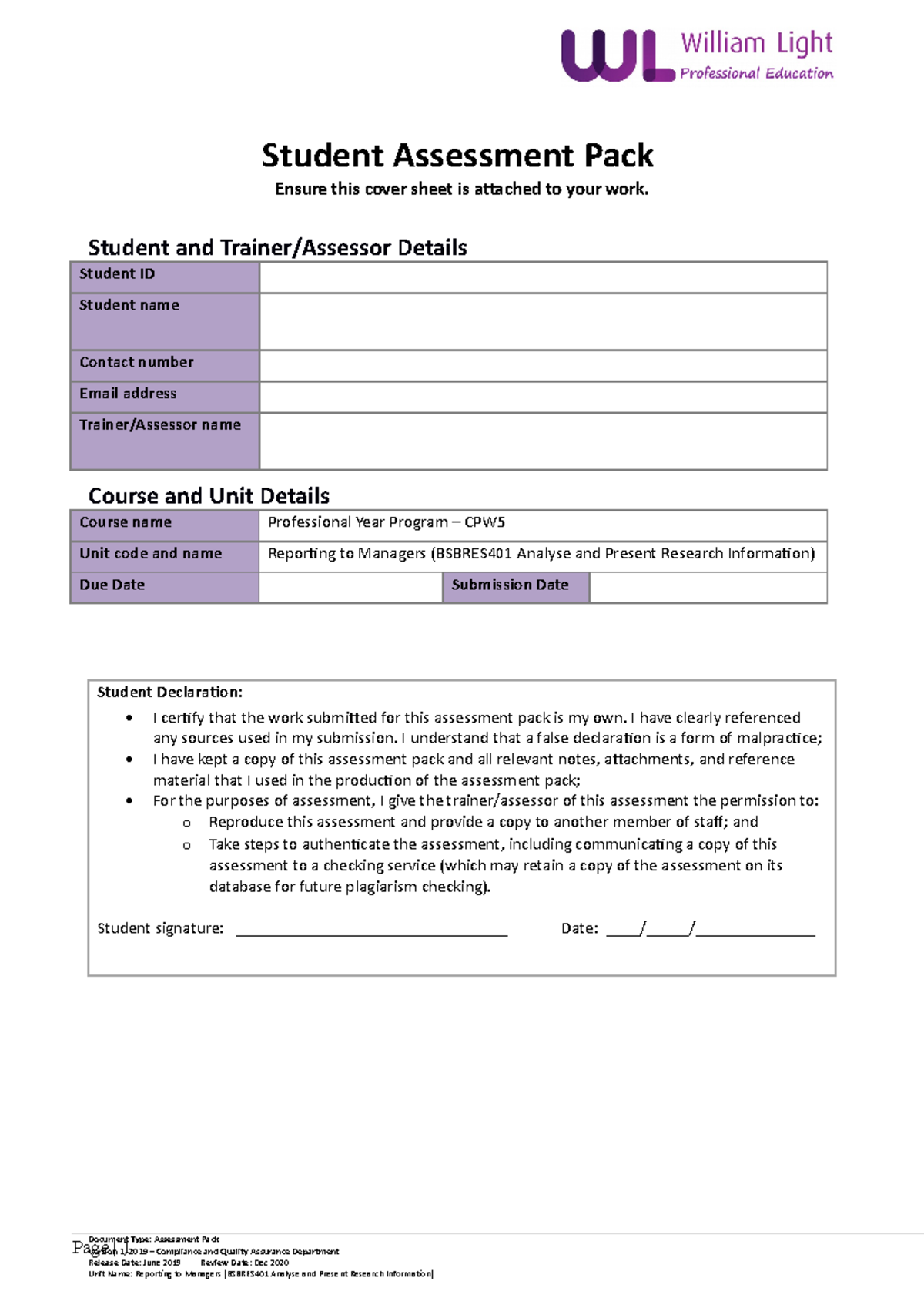 5 WLI Student Assessment Pack Template - Student Assessment Pack Ensure ...
