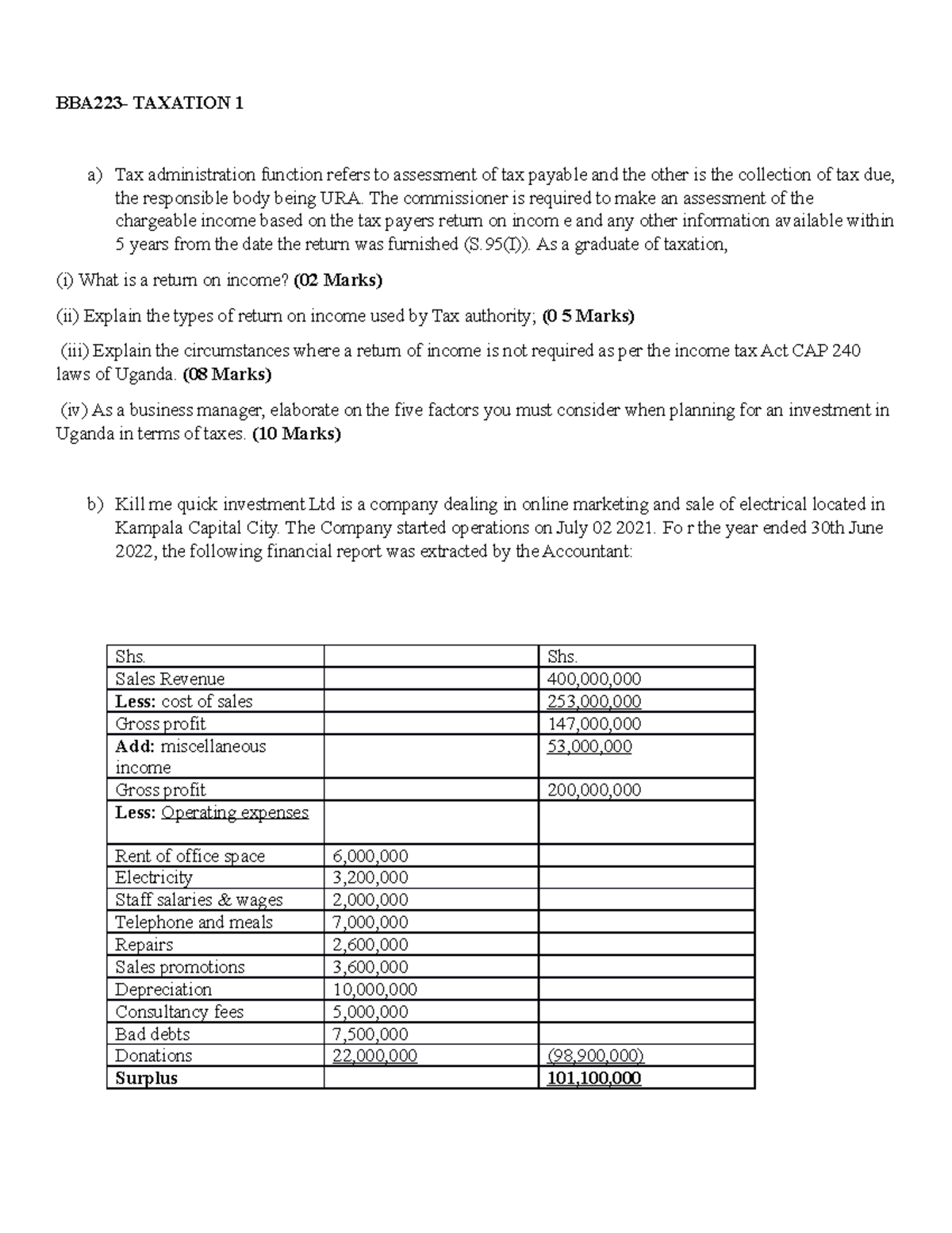 Taxation and accounting - BBA223- TAXATION 1 a) Tax administration ...