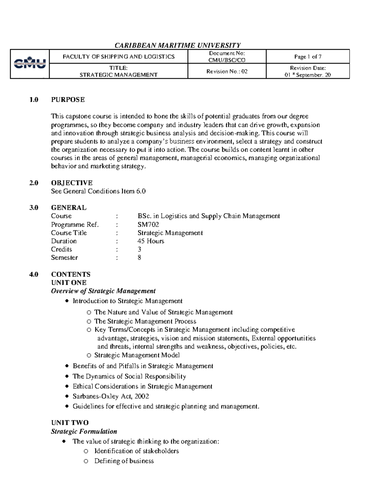 Strategic Management Course Outline - FACULTY OF SHIPPING AND LOGISTICS ...